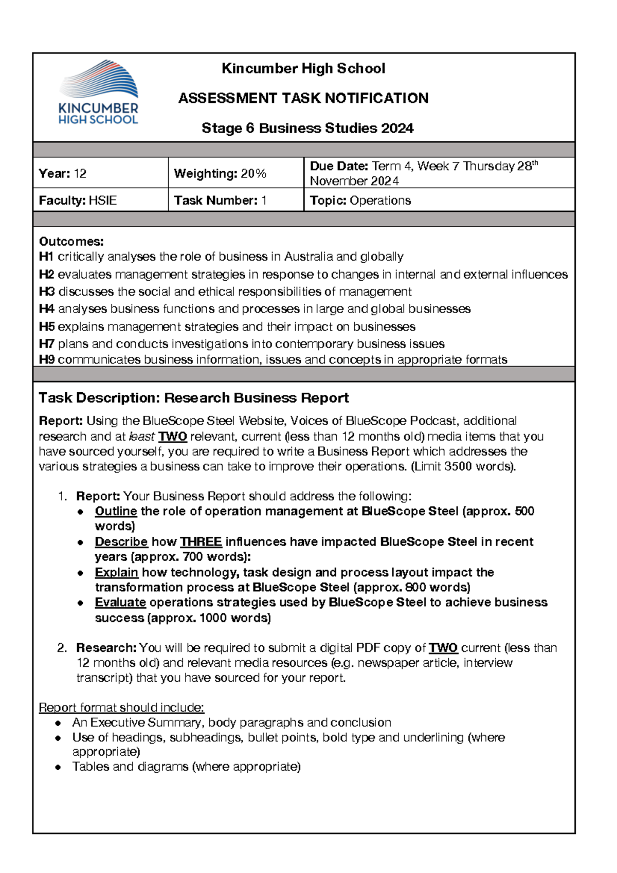 Year 12 Business Studies - Asessment Task 1 Notification - Kincumber High School ASSESSMENT TASK ...