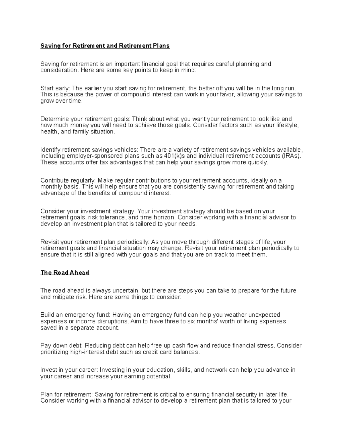 Saving for Retirement and Retirement Plans - Here are some key points ...