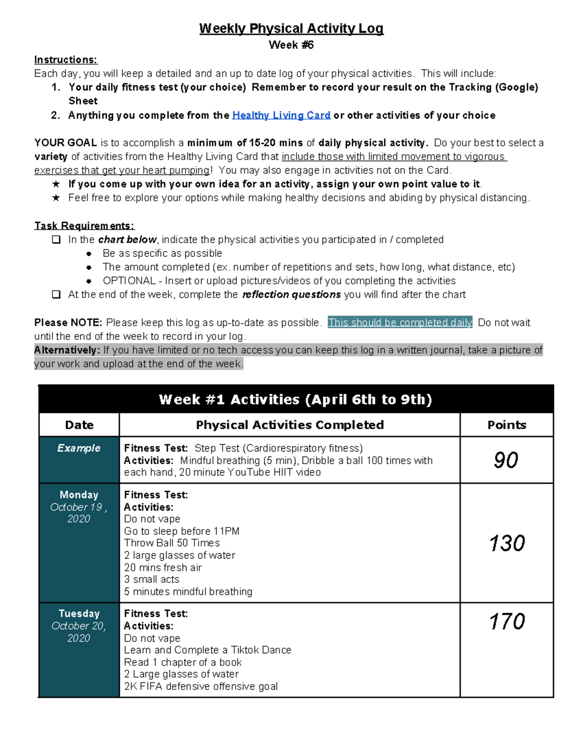 PPL Weekly Physical Activity Log (Week 1) - Weekly Physical Activity ...