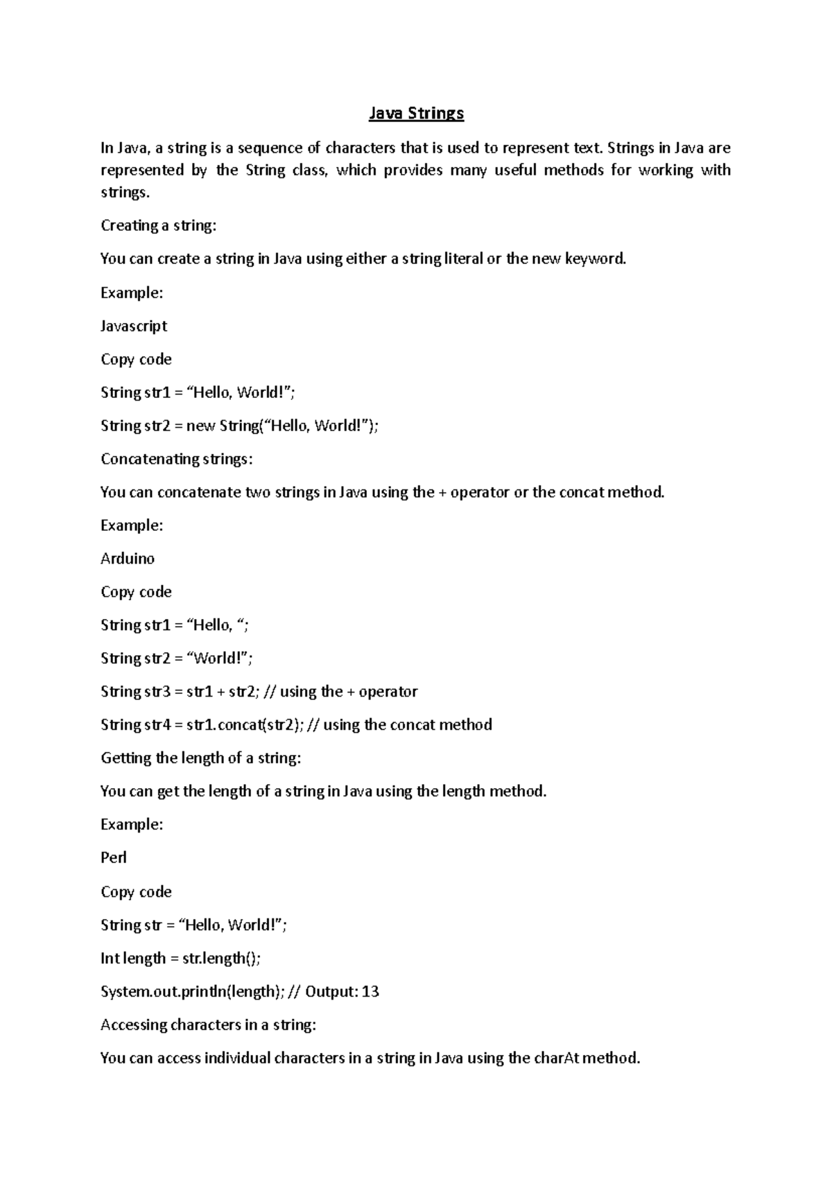 Java Strings Java Strings In Java A String Is A Sequence Of 