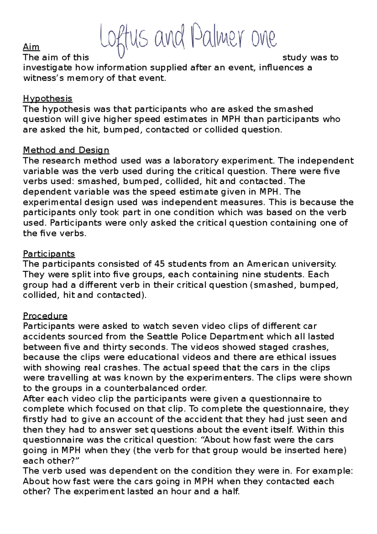 Loftus And Palmer Study Aim The Aim Of This Study Was To Investigate