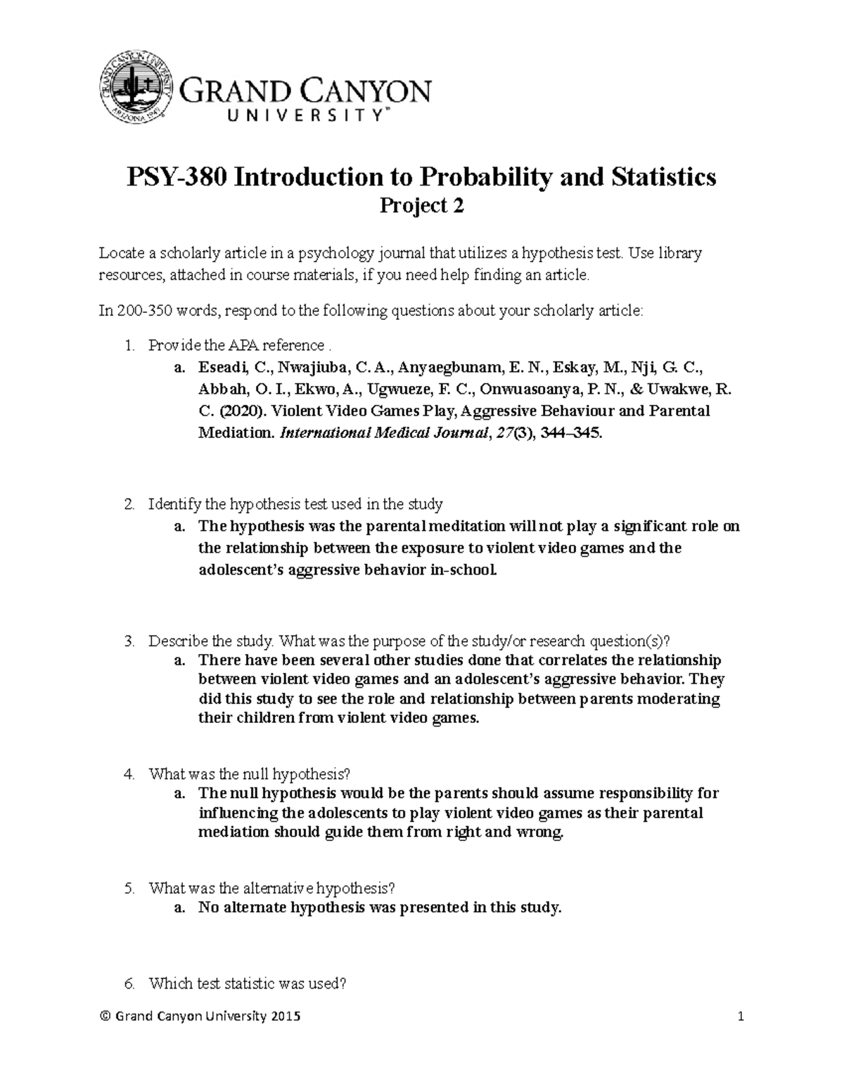 Project 2 PSY380; Probability and Stats - PSY-380 Introduction to ...