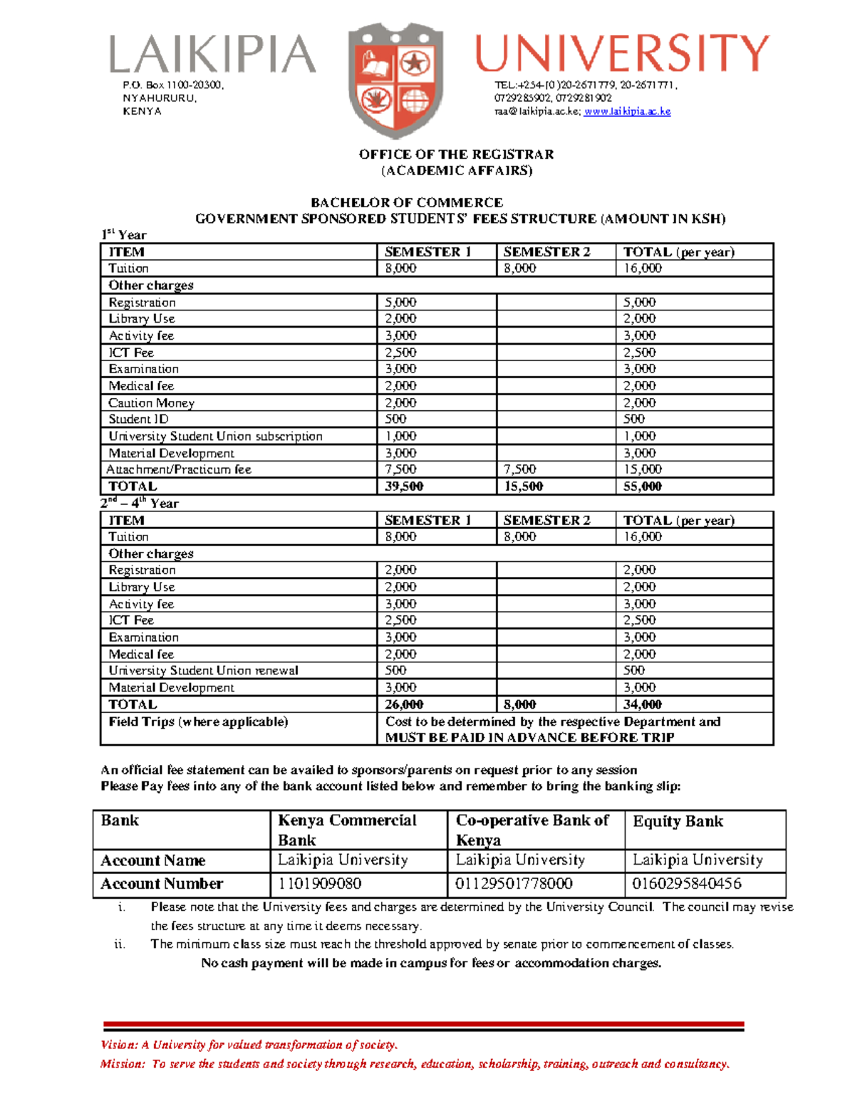 Kuccps FEES Structure 2019-2020 - Vision: A University for valued transformation of society ...