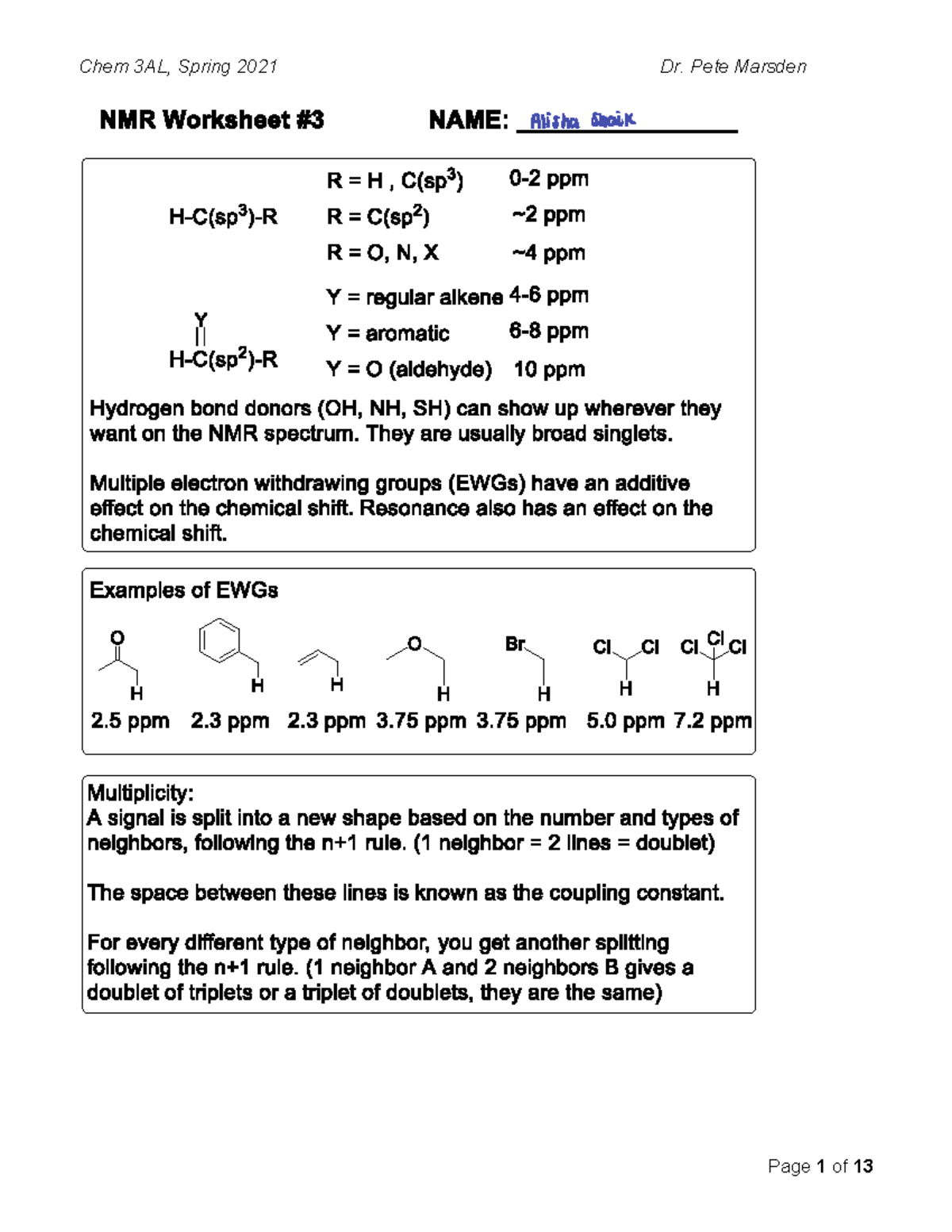 NMR Worksheet 3 - Dr. Pete Marsdan NMR Analysis Breakdown Assignment ...