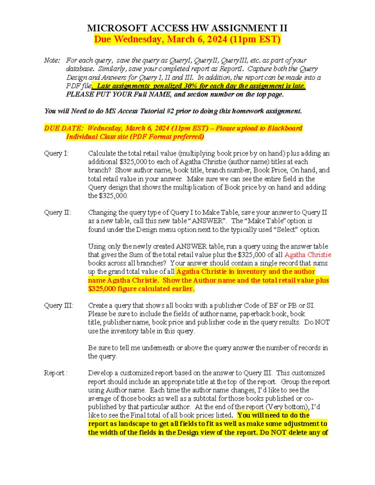 MS-Access-Home Work 2- Spring 2024 - MICROSOFT ACCESS HW ASSIGNMENT II ...