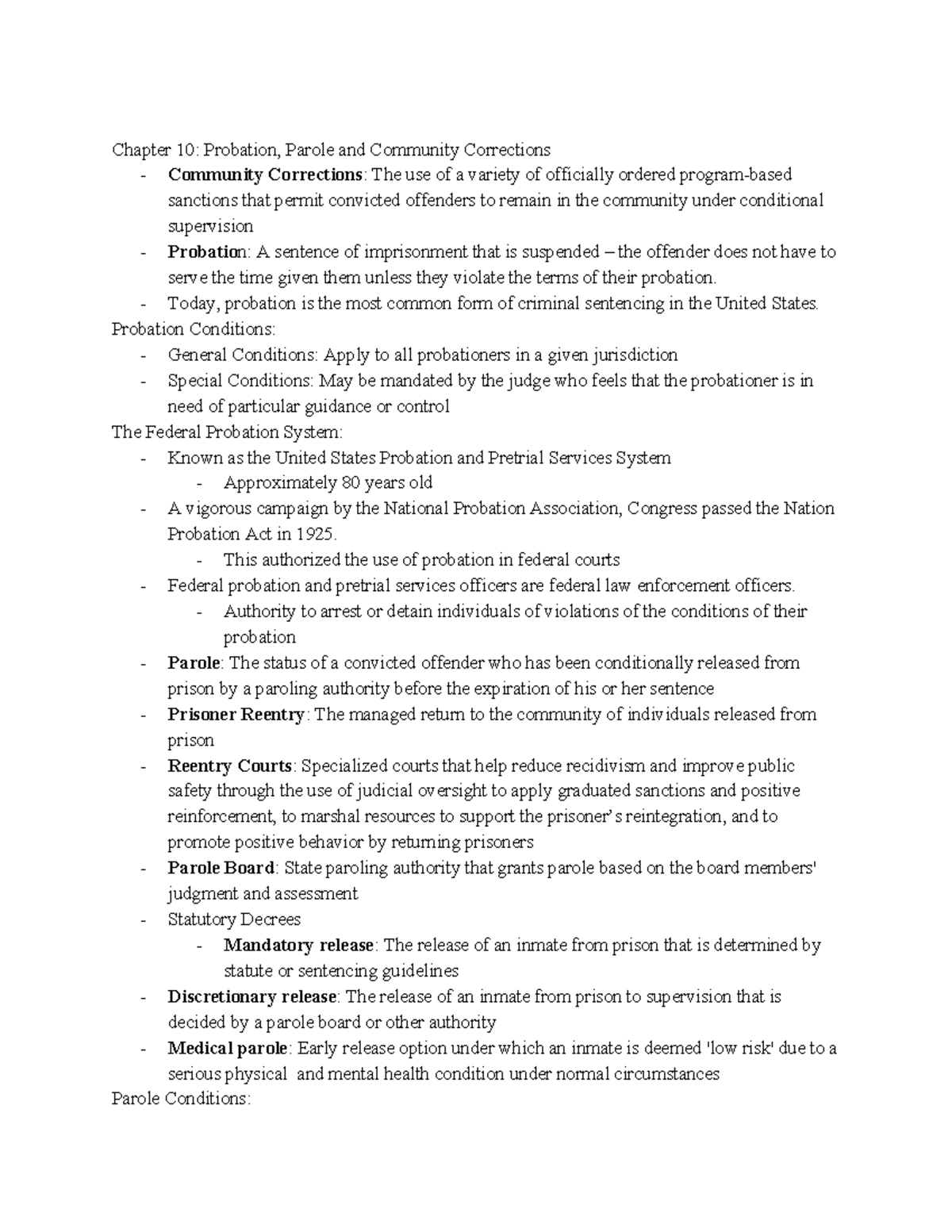 Crimnal Justice Study Guide - Chapter 10: Probation, Parole and ...