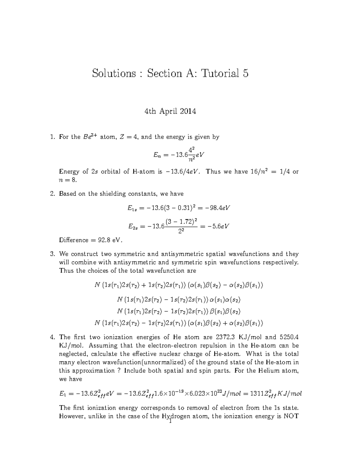 Soln Tut 5A - Important practice tutorial for exams shared by professor - Solutions : Section A ...