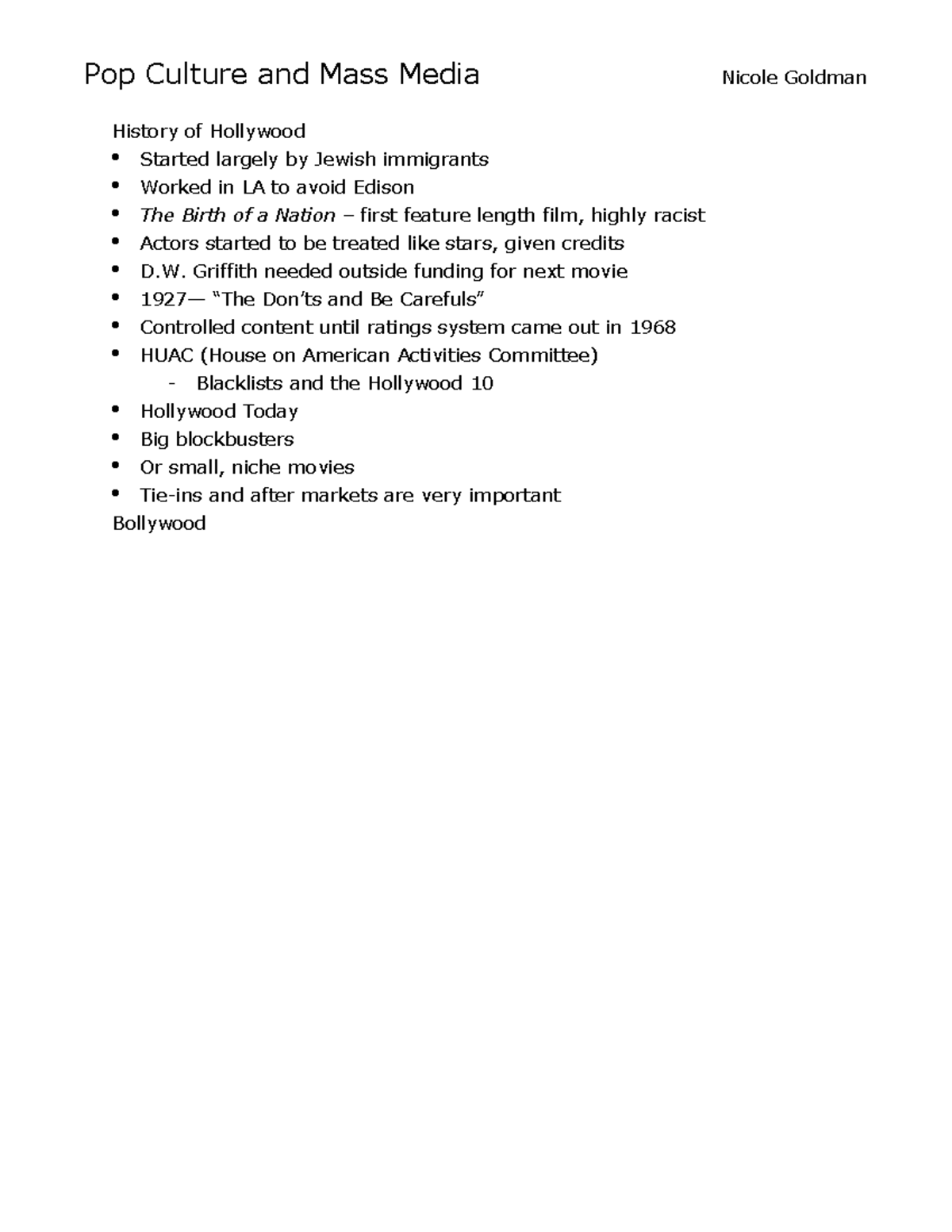 Chapter Notes- Part 2 - Pop Culture and Mass Media History of Hollywood ...