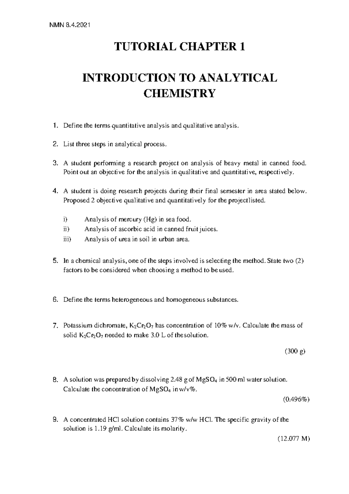 Tutorial Chapter 1 Introduction TO Analytical Chemistry - TUTORIAL CHAPTER 1 INTRODUCTION TO ...