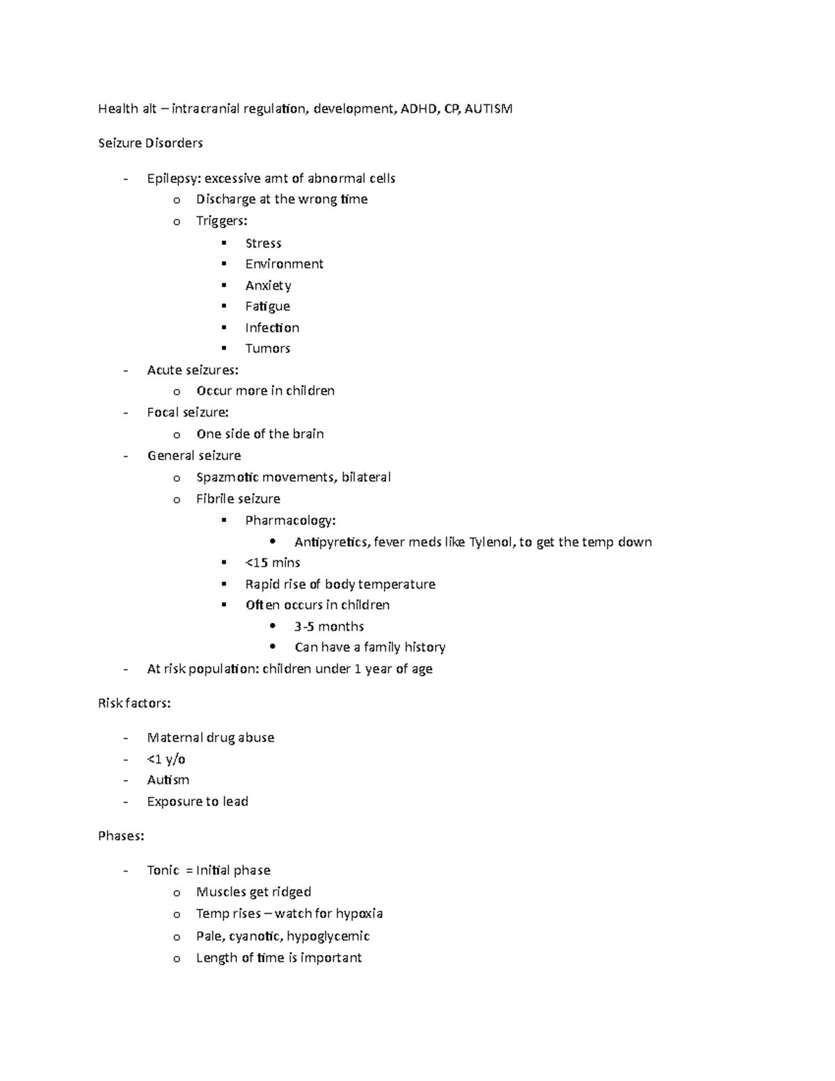 Health alt Notes seizure, intracranial regulation, development, ADHD ...