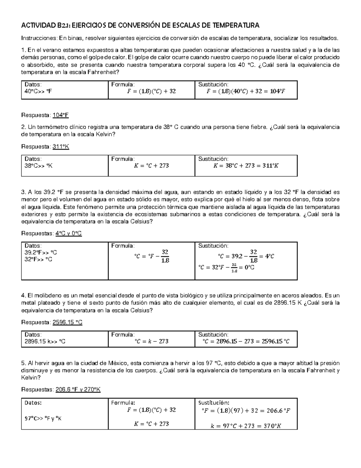Ejercicios - tutoria - ACTIVIDAD B2: EJERCICIOS DE CONVERSI”N DE ESCALAS DE TEMPERATURA - Studocu