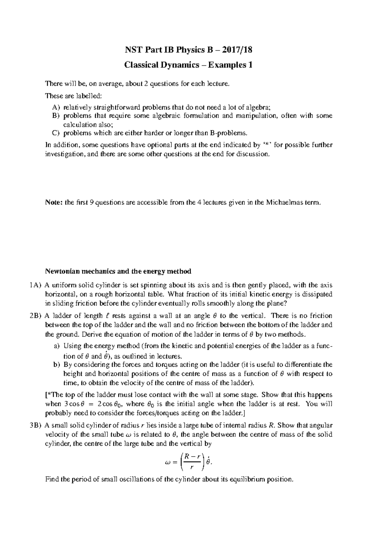 Examples 1 (of 3) - NST Part IB Physics B – 2017/18 Classical Dynamics ...