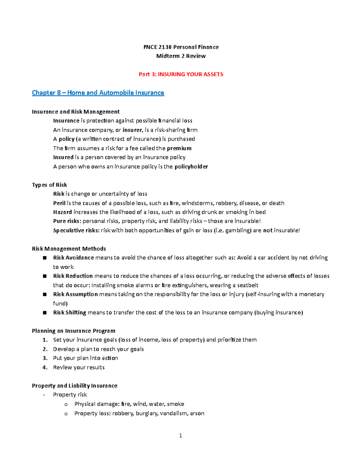 FNCE 2130 Personal Finance Midterm 2 Review Document - FNCE 2130 ... FNCE 2130 Personal Finance Midterm 2 Review Document - FNCE 2130 ...