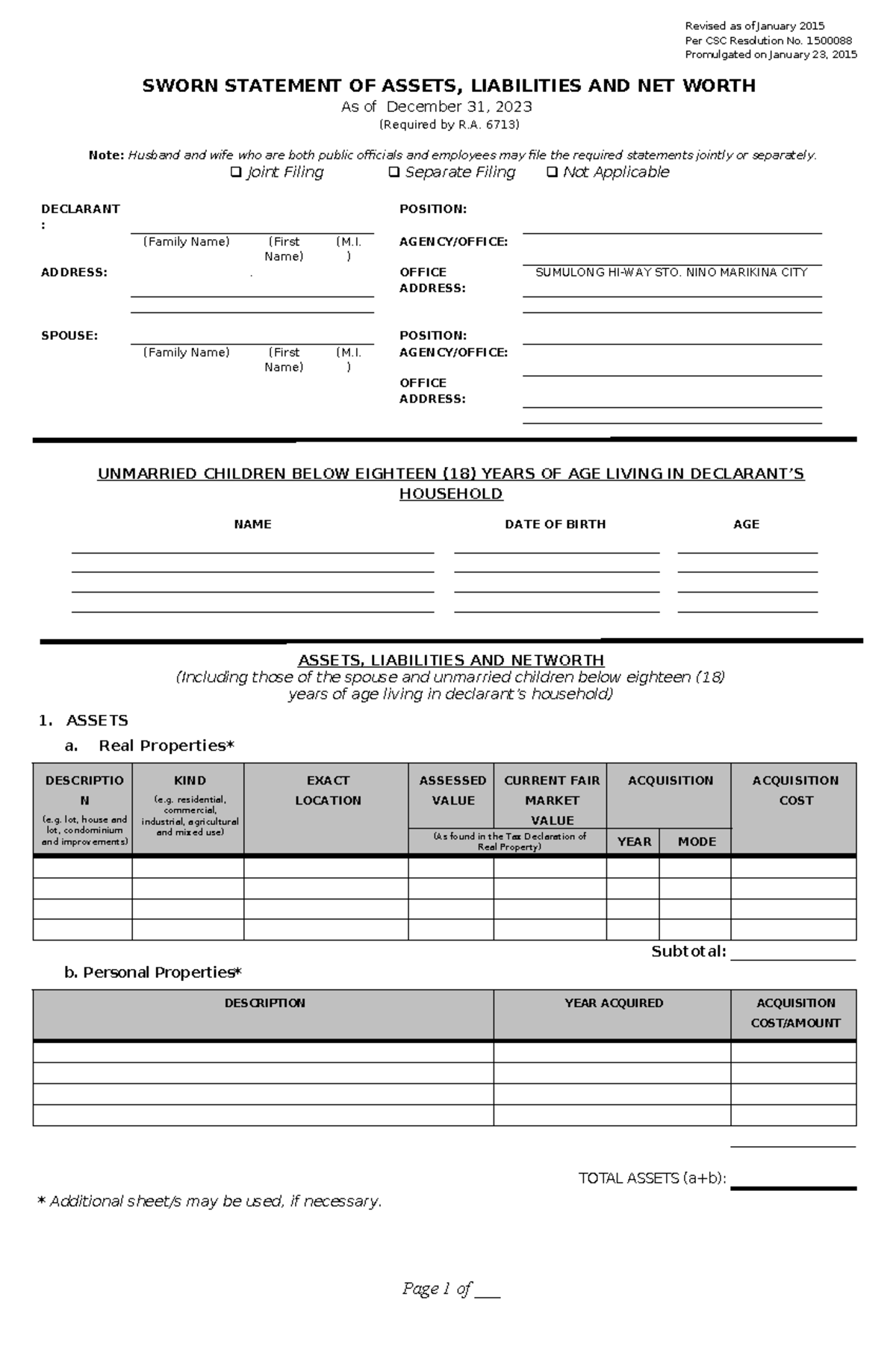 SALN blnk - Revised as of January 2015 Per CSC Resolution No. 1500088 ...