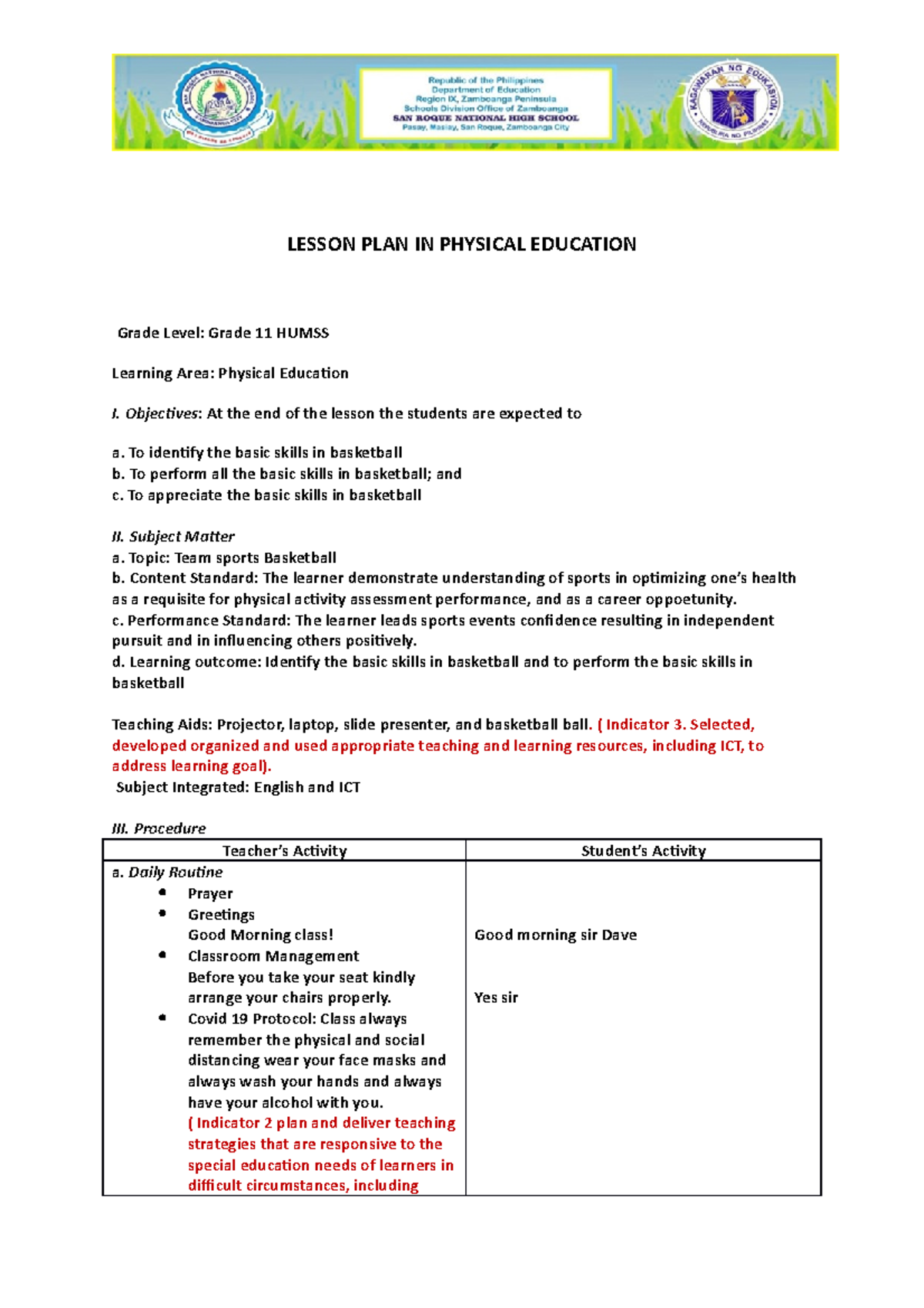 2nd COT P.E June 18, 2021 - LESSON PLAN IN PHYSICAL EDUCATION Grade ...