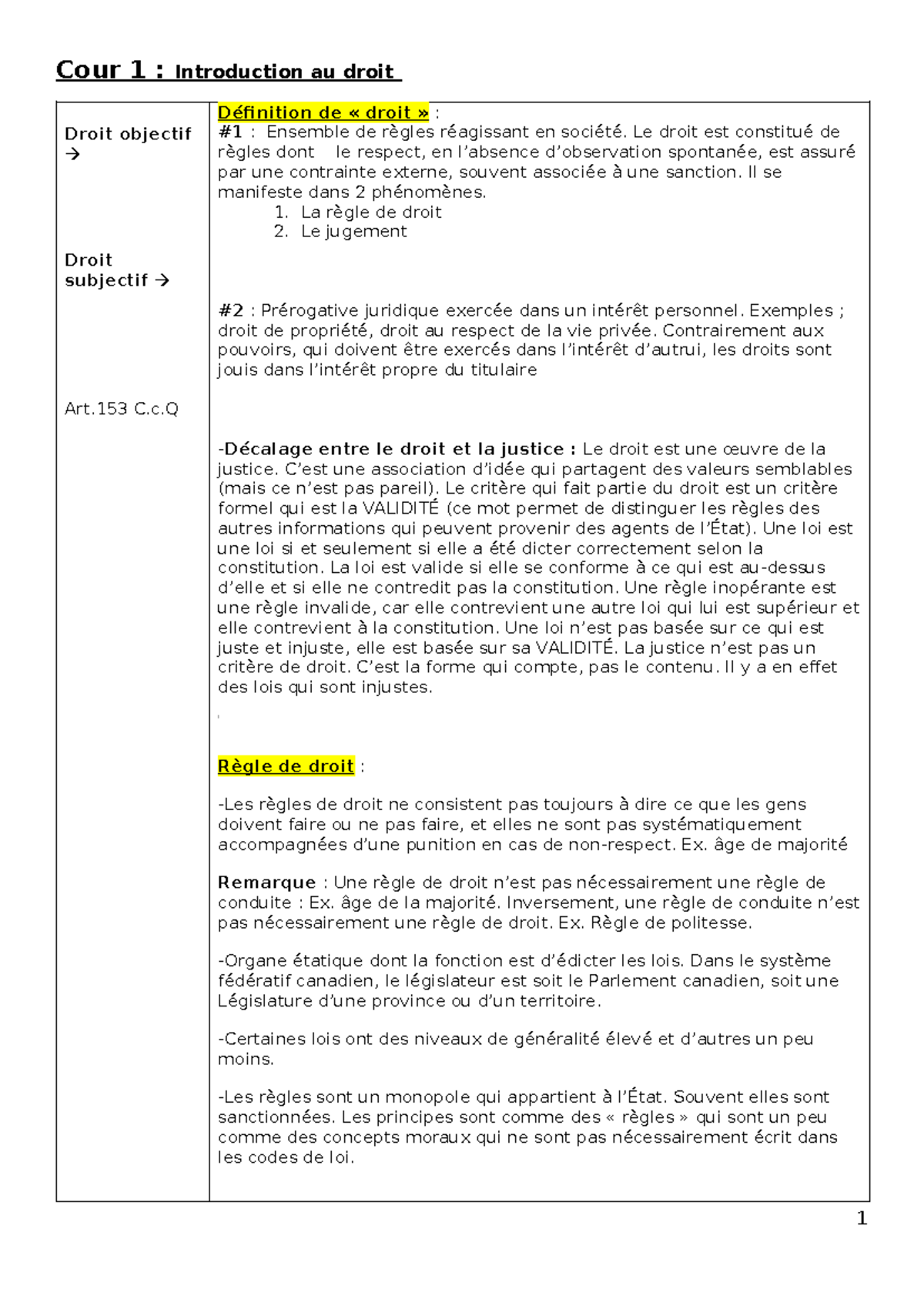 Résumé intro droit examen final - Cour 1 : Introduction au droit Droit objectif Droit subjectif ...