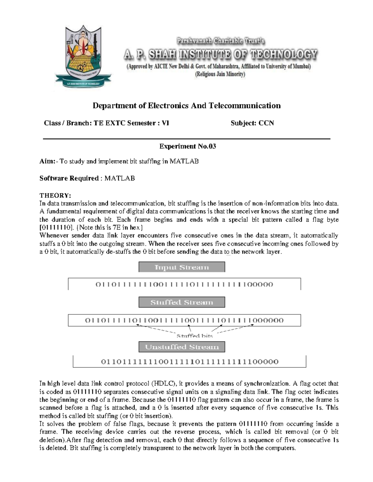 EXPT3 Bit Stuffing - Practicals - Department of Electronics And ...