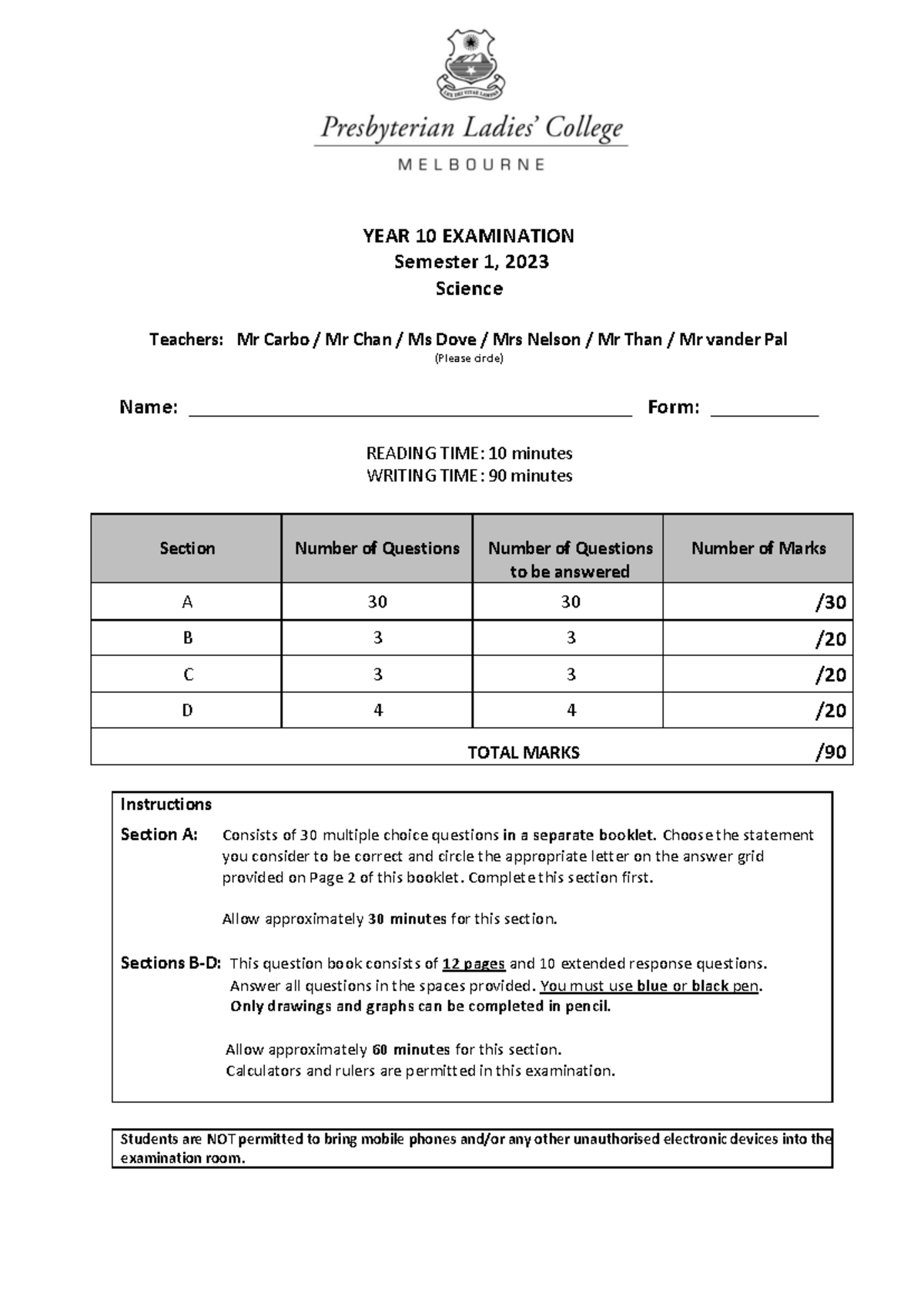 2023 Yr10 Sem1 Exam Sections B to D v Final - YEAR 10 EXAMINATION ...