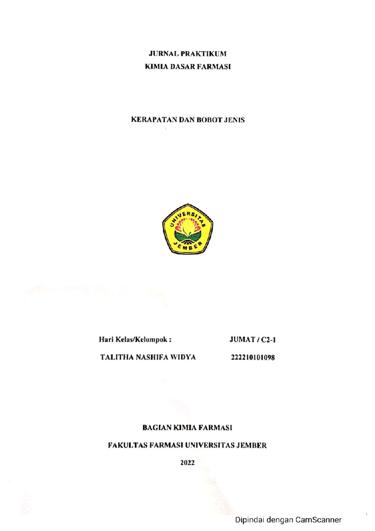 Jurnal Praktikum Kerapatan Bobot Jenis - Praktikum Kimia Dasar - Studocu