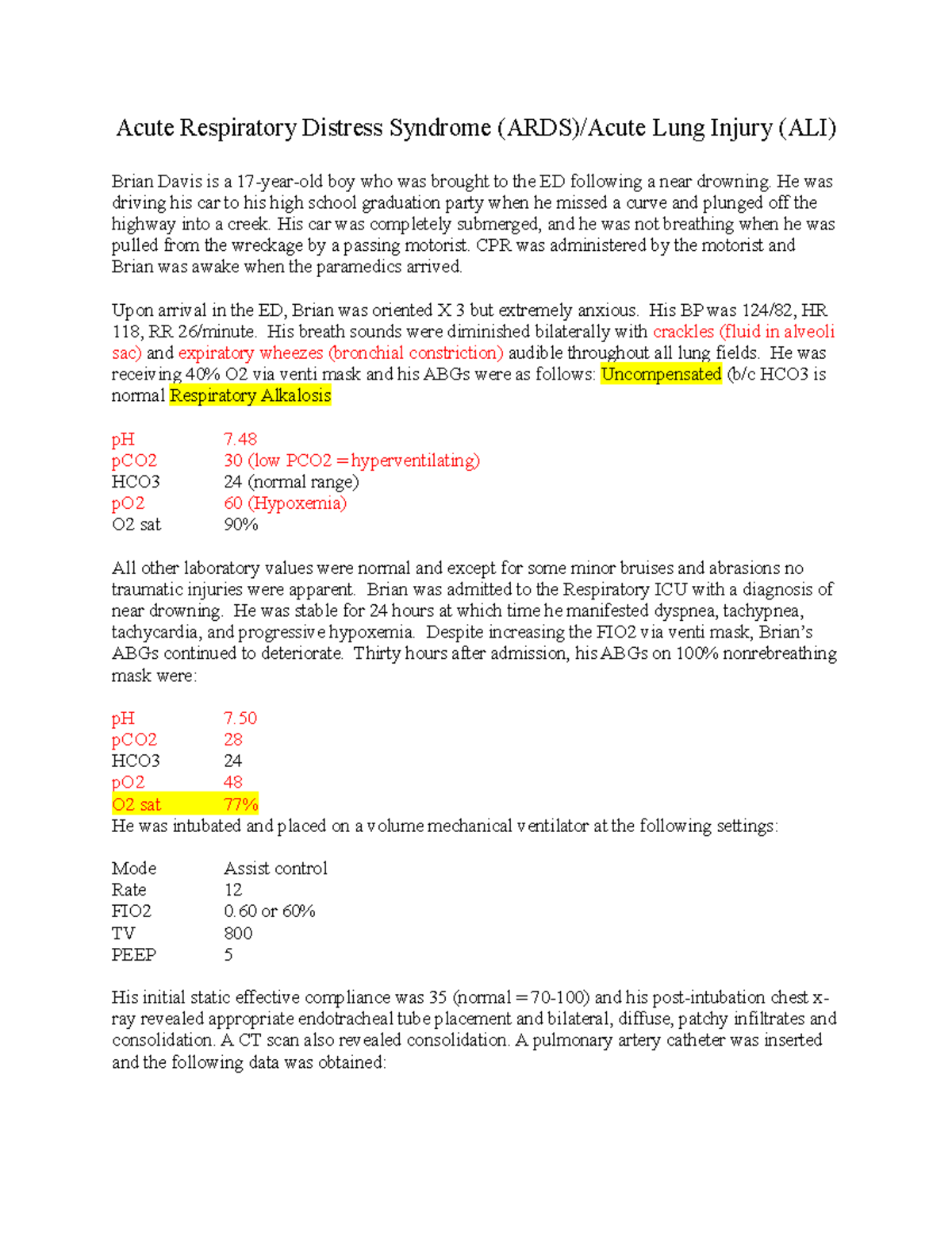 ARDS Case Study - Acute Respiratory Distress Syndrome (ARDS)/Acute Lung ...
