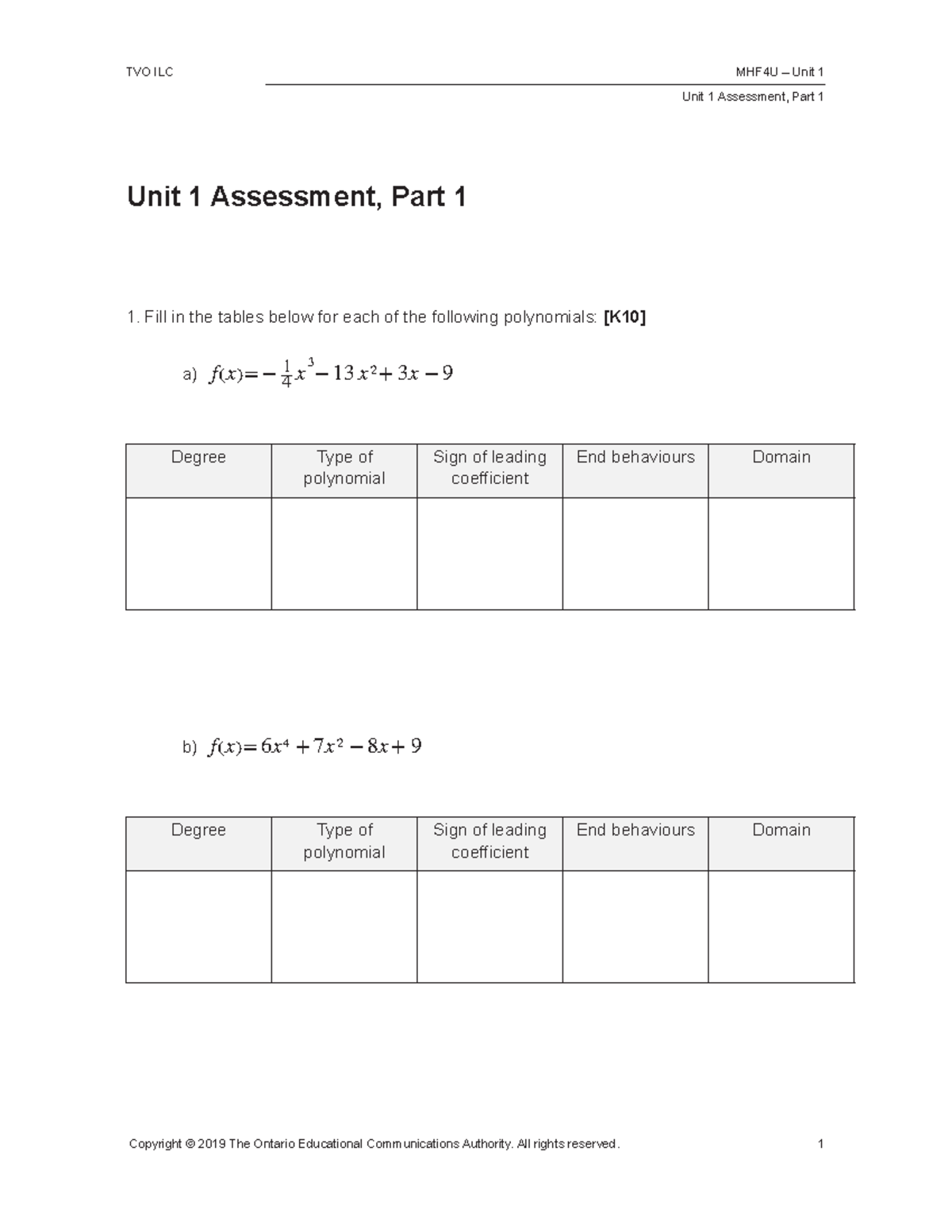 Advanved functions 1 - notes - Unit 1 Assessment, Part 1 1. Fill in the ...