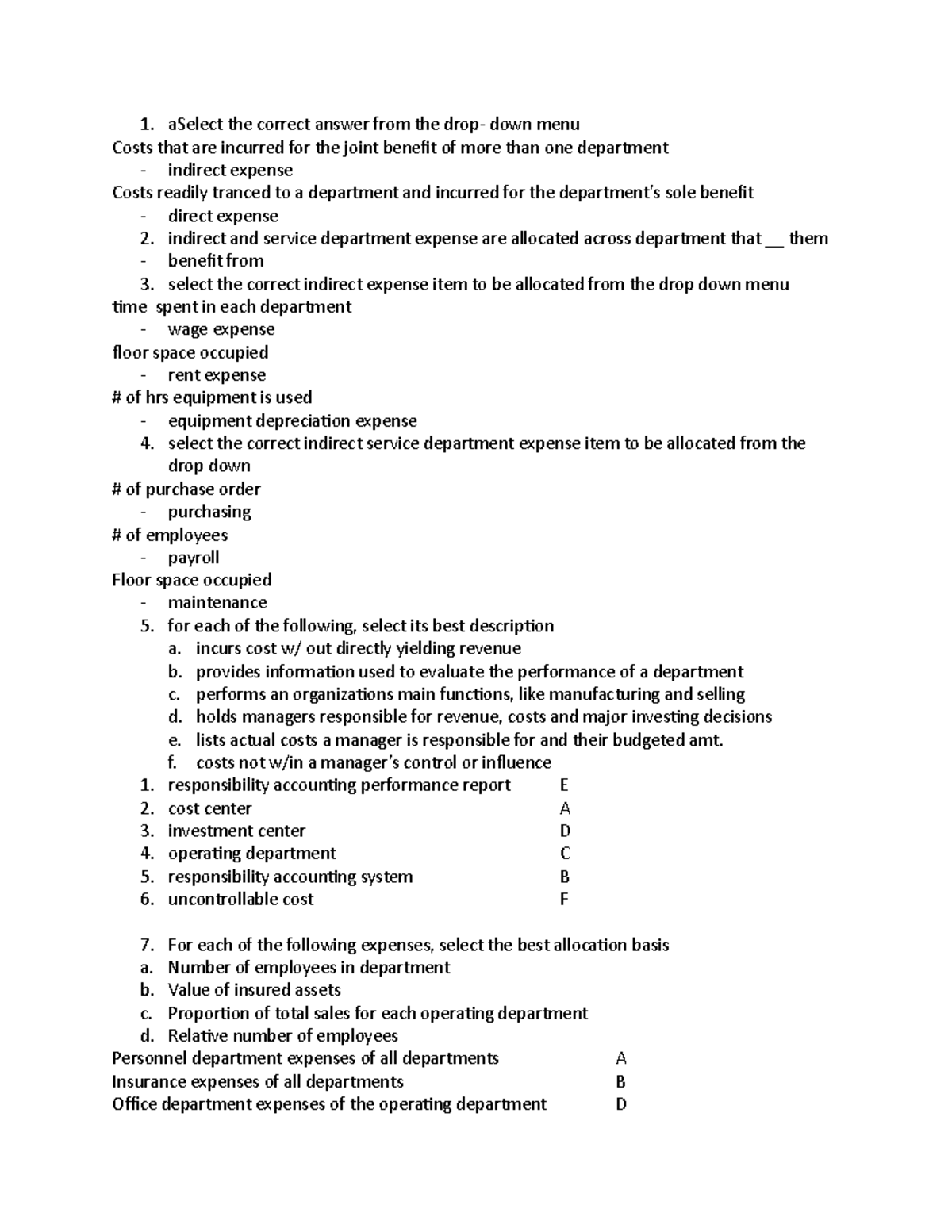 Chapter 9 Assignment - aSelect the correct answer from the drop- down menu Costs that are ...