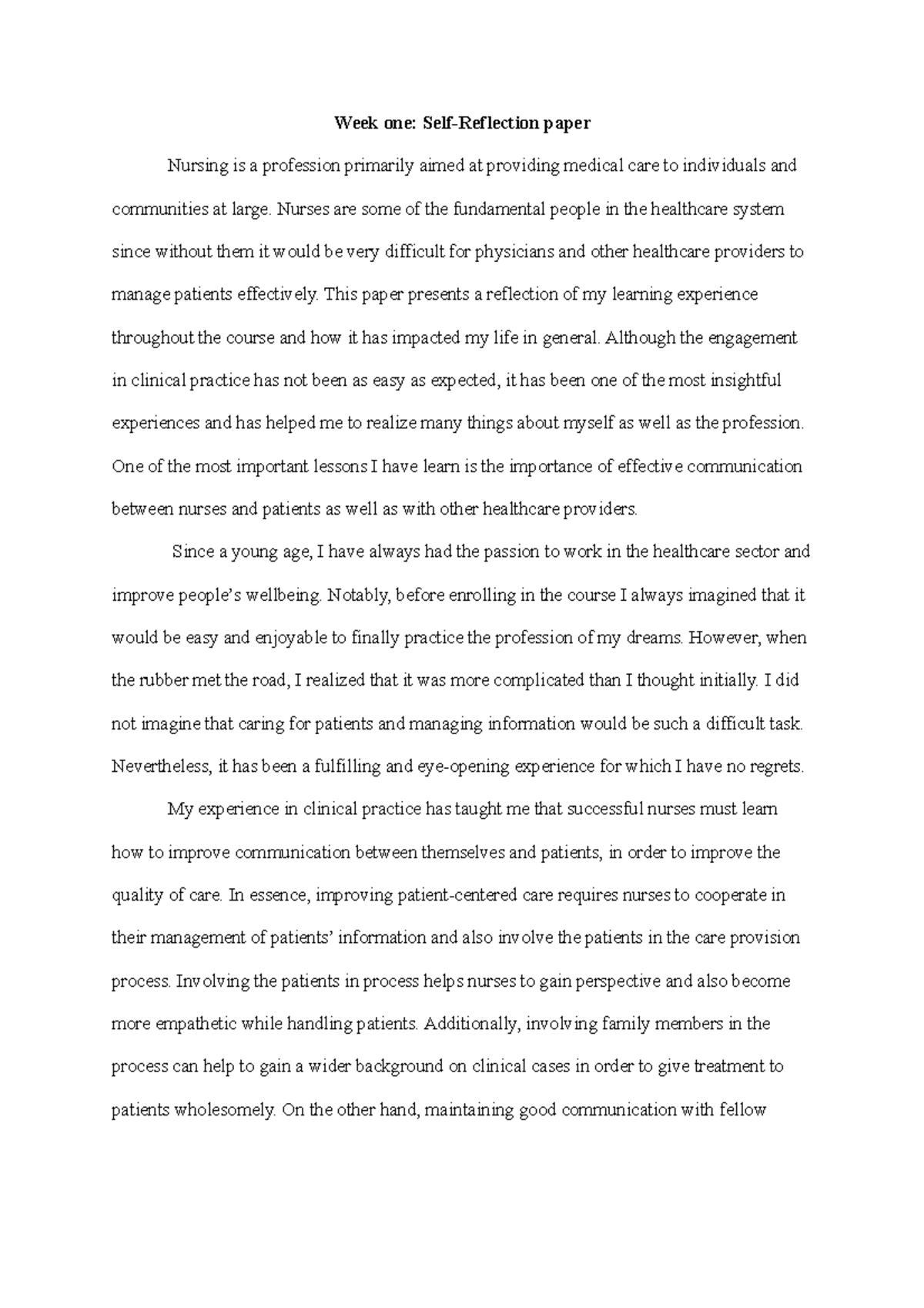 Week 1 Nursing reflection paper - Week one: Self-Reflection paper ...