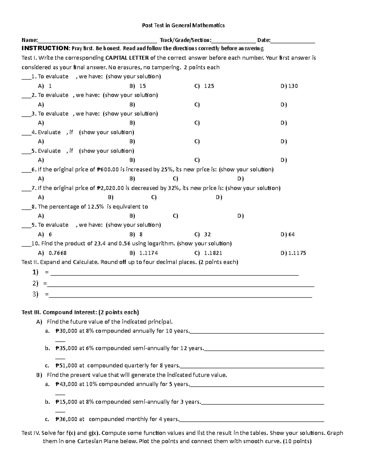 General Mathematics assessment or post test for Grade 11. - Post Test ...