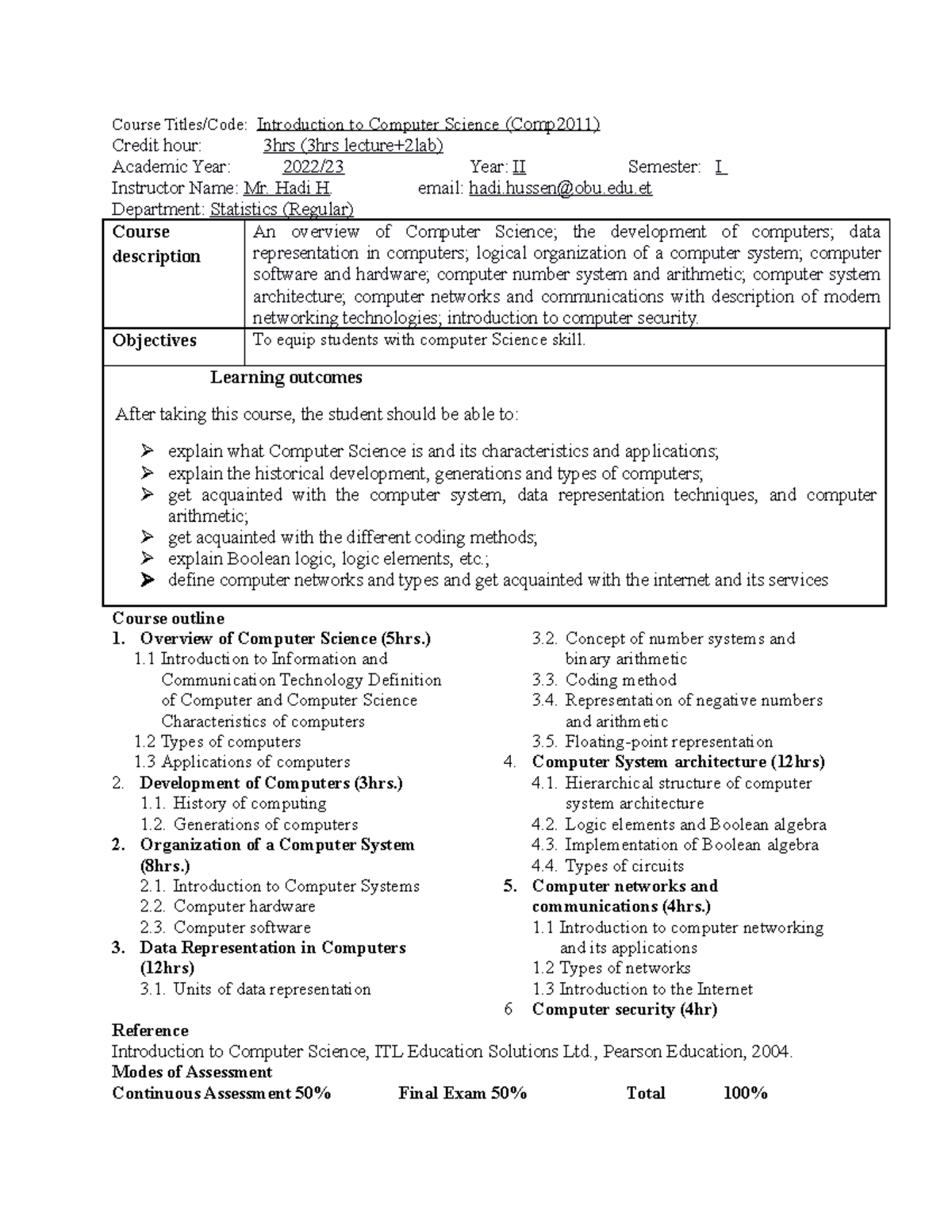 Stat 2 year Course outline - Course Titles/Code: Introduction to ...