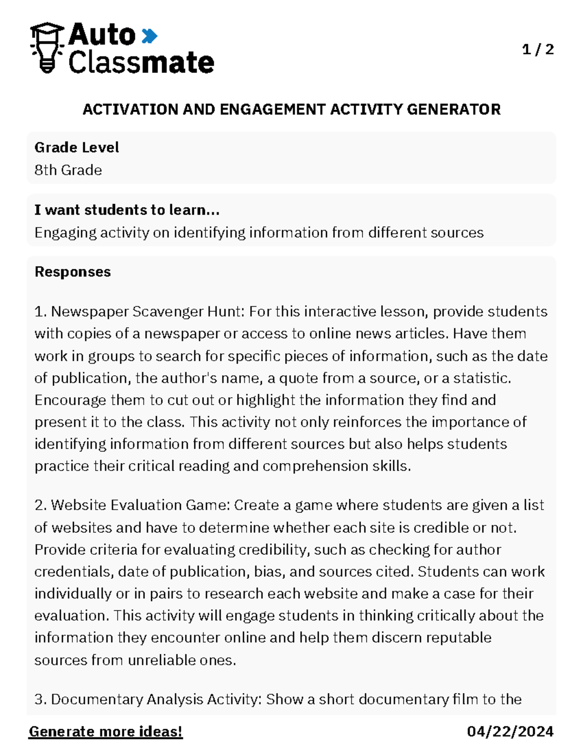 Activation and Engagement Activity Generator Responses - 1 / 2 Generate more ideas! 04/22/ - Studocu