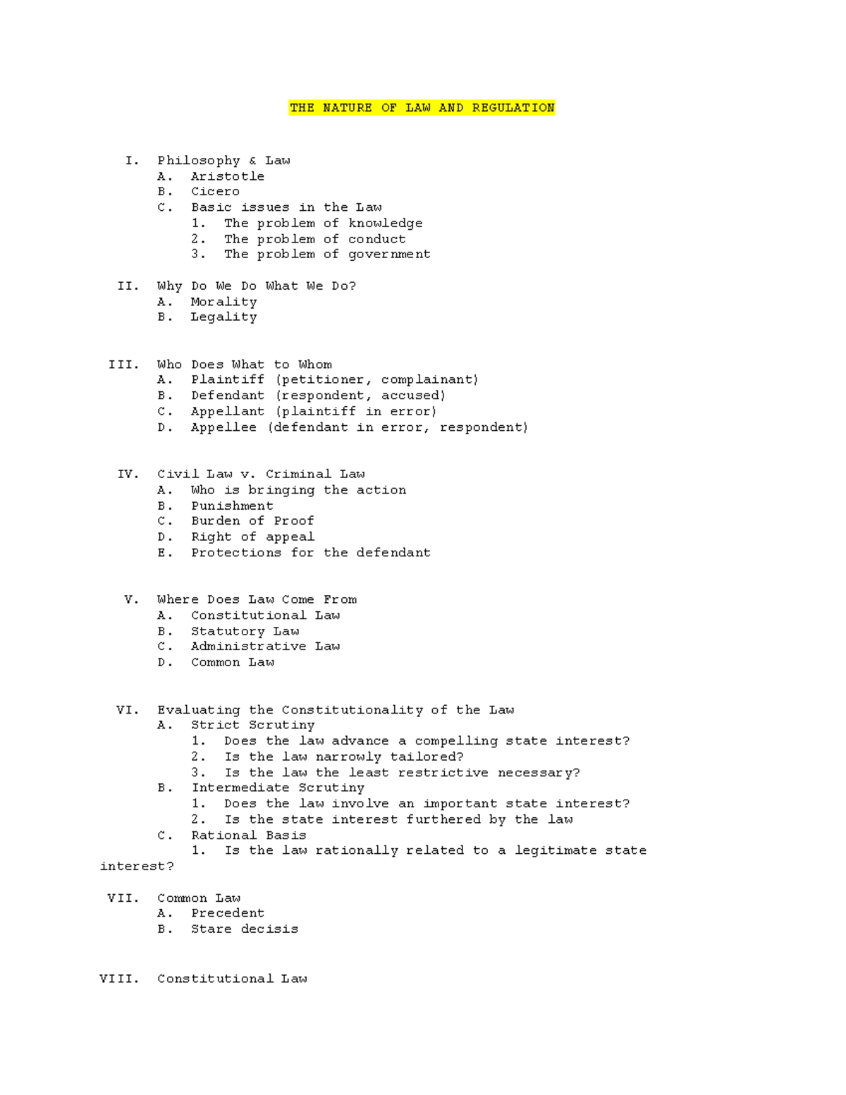 Intro to law - Lecture notes 1 - THE NATURE OF LAW AND REGULATION I. II ...