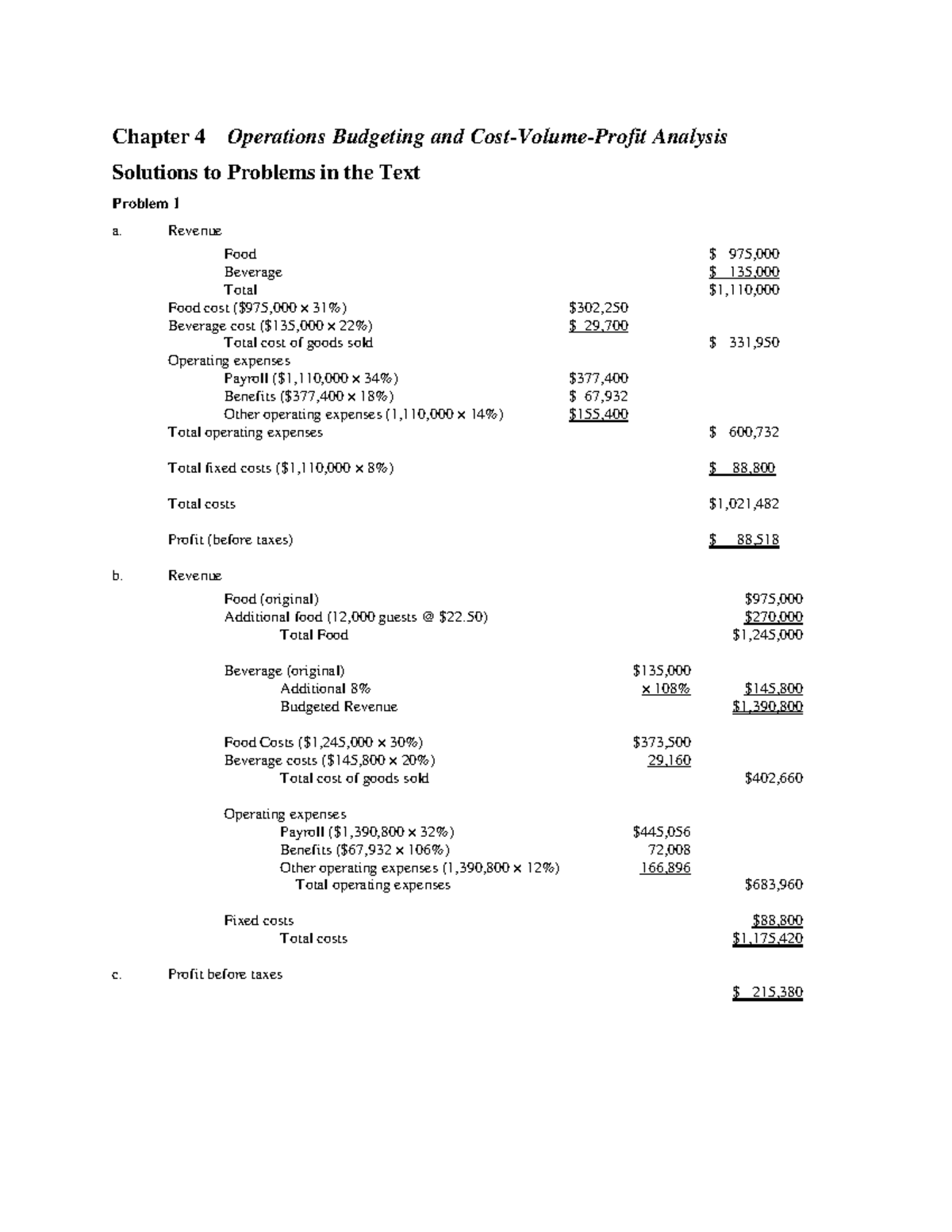 Chapter 4 Solutions to problems in the text - Chapter 4 Operations Budgeting and Cost-Volume ...