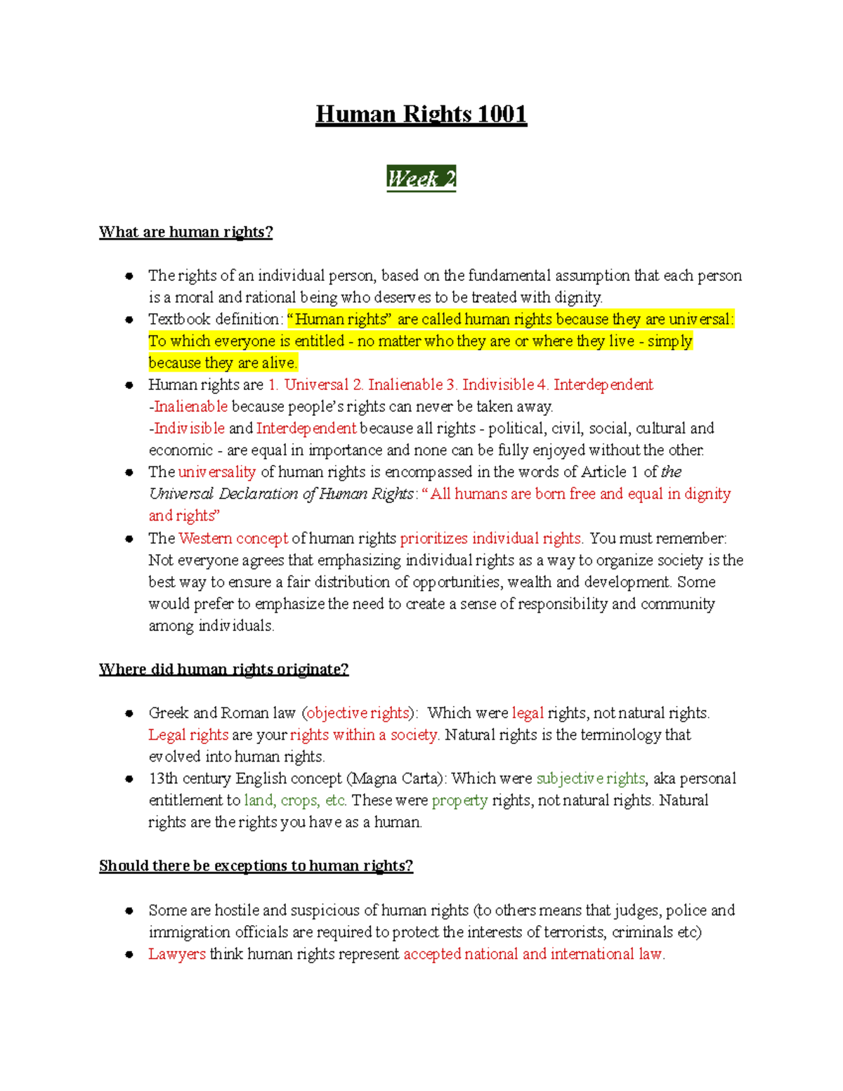 HUMR Notes - Human Rights 1001 Week 2 What are human rights? The rights ...