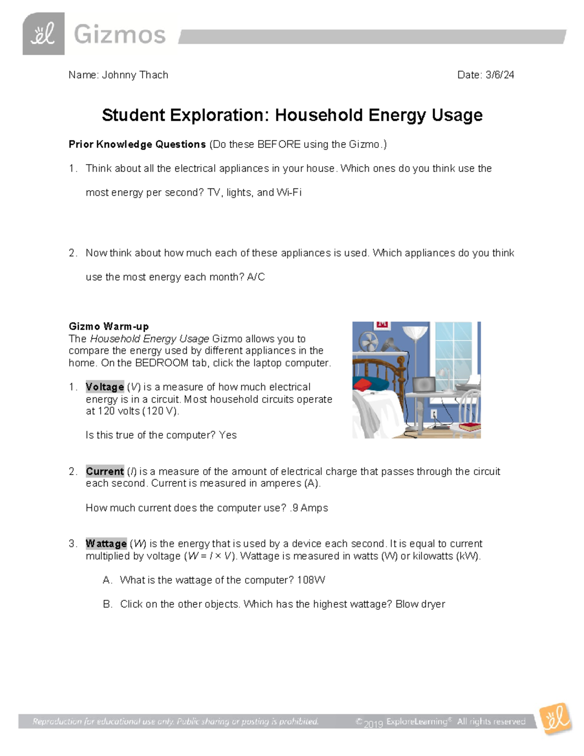 Gizmo Household Energy Worksheet - Name: Johnny Thach Date: 3/6 ...