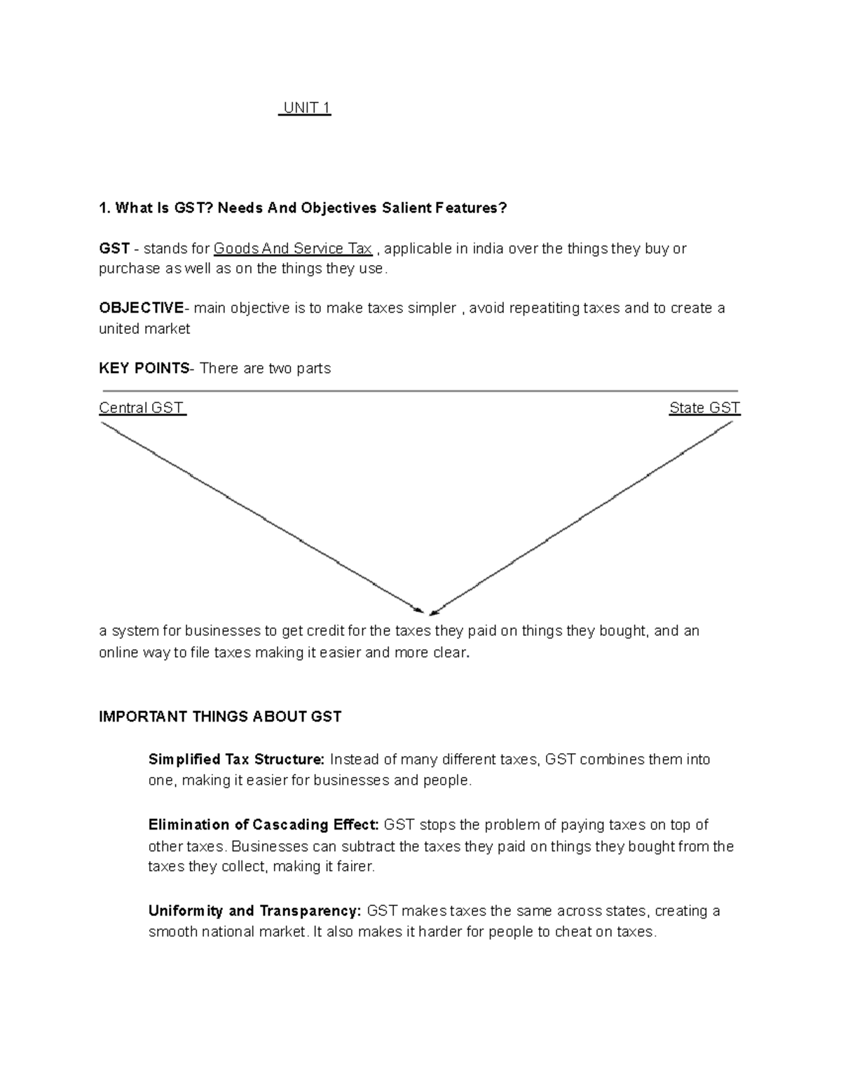 UNIT 1 - Imp notes - UNIT 1 1. What Is GST? Needs And Objectives ...