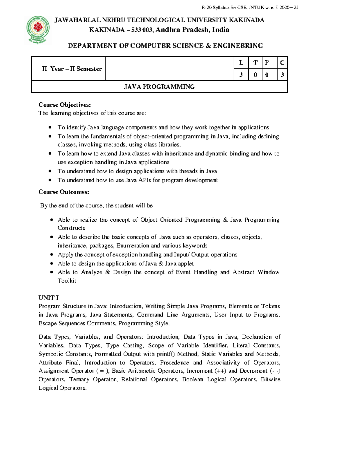 Java UG R20 - Java syllabus - R- 20 Syllabus for CSE, JNTUK w. e. f. 2020 – 21 JAWAHARLAL NEHRU ...