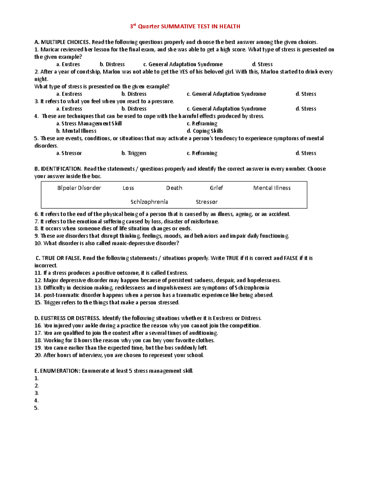 3rd Quarter Summative TEST IN Health - 3 rd Quarter SUMMATIVE TEST IN ...