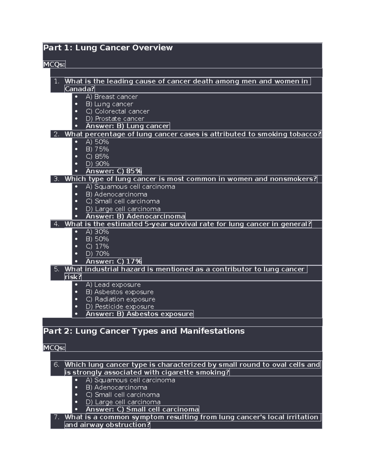 Lung Cancer - Please study this - Part 1: Lung Cancer Overview MCQs: 1 ...