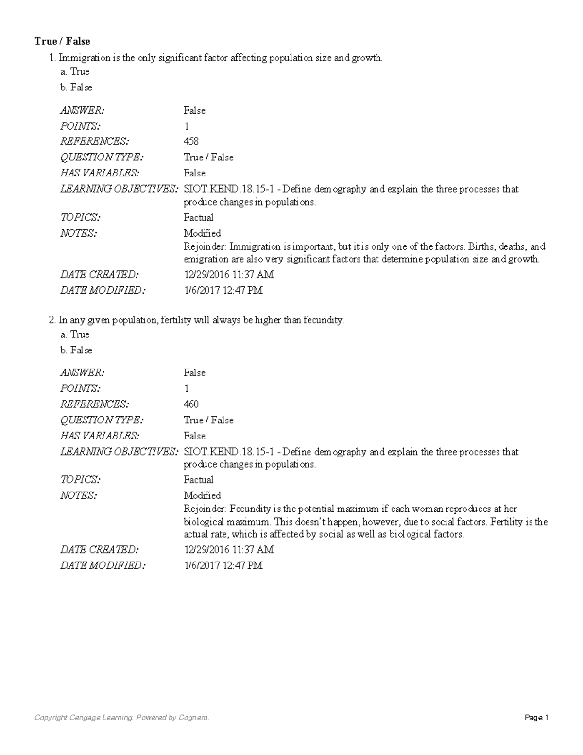 Chapter 15 2018 Edition Population and Urbanization - True / False 1 ...