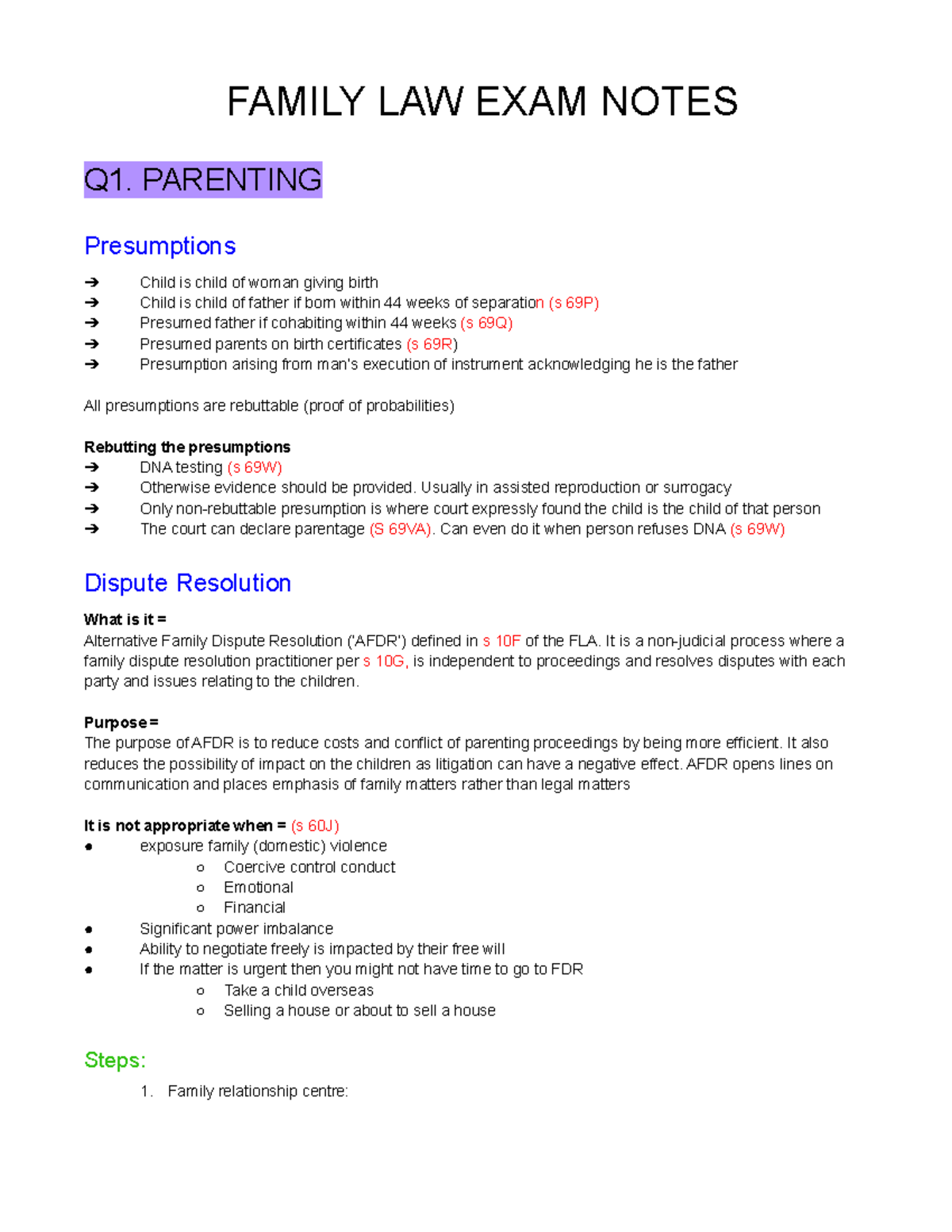 Family Law Exam Notes - FAMILY LAW EXAM NOTES Q1. PARENTING ...