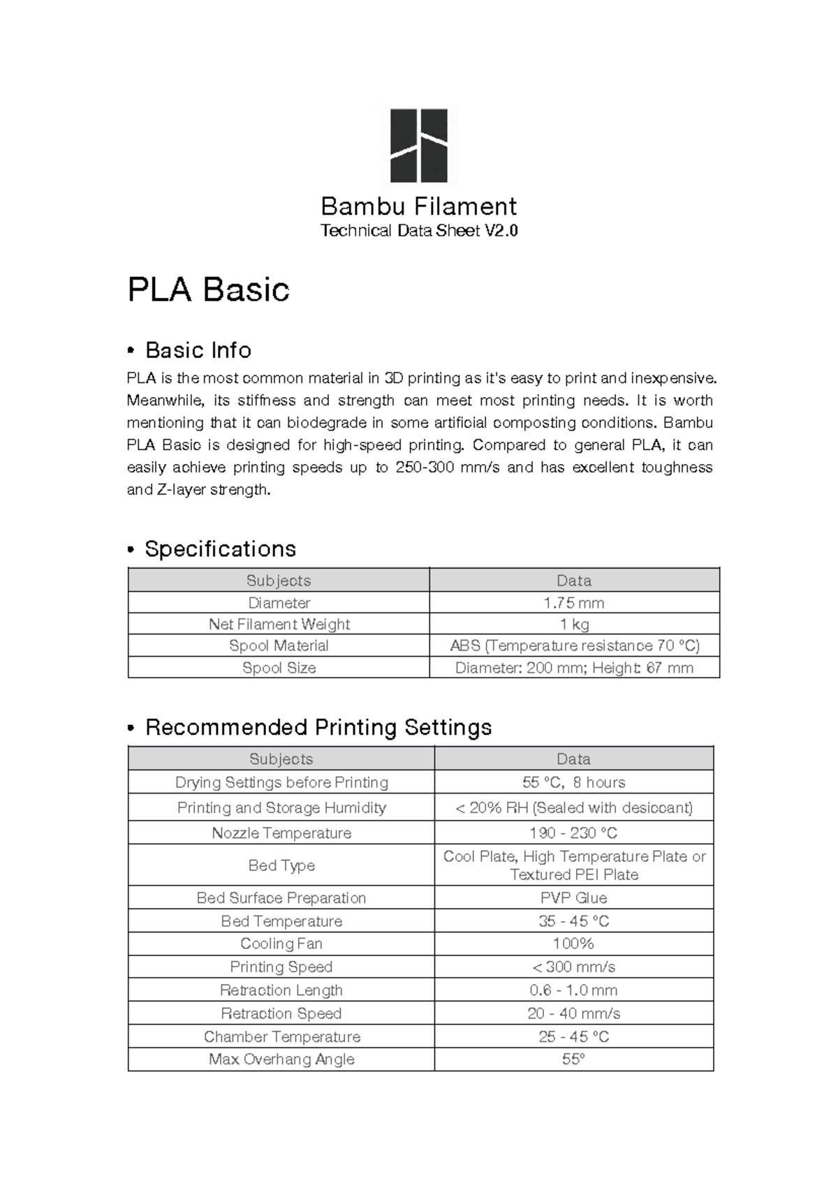 Bambu PLA Basic Technical Data Sheet 6c42cdf8-3274-40fa-9af8-75103 ef985bd - Bambu Filament ...