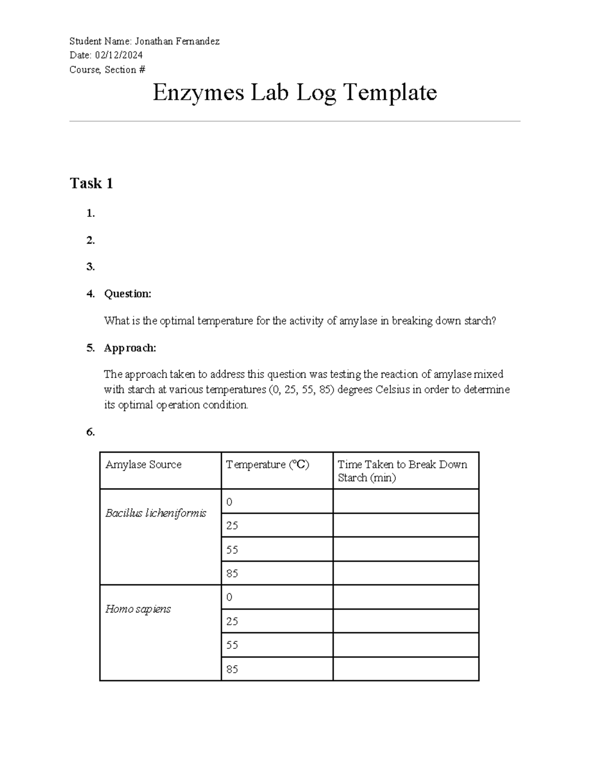 Enzymes Lab Log Template 1 - Student Name: Jonathan Fernandez Date: 02 ...