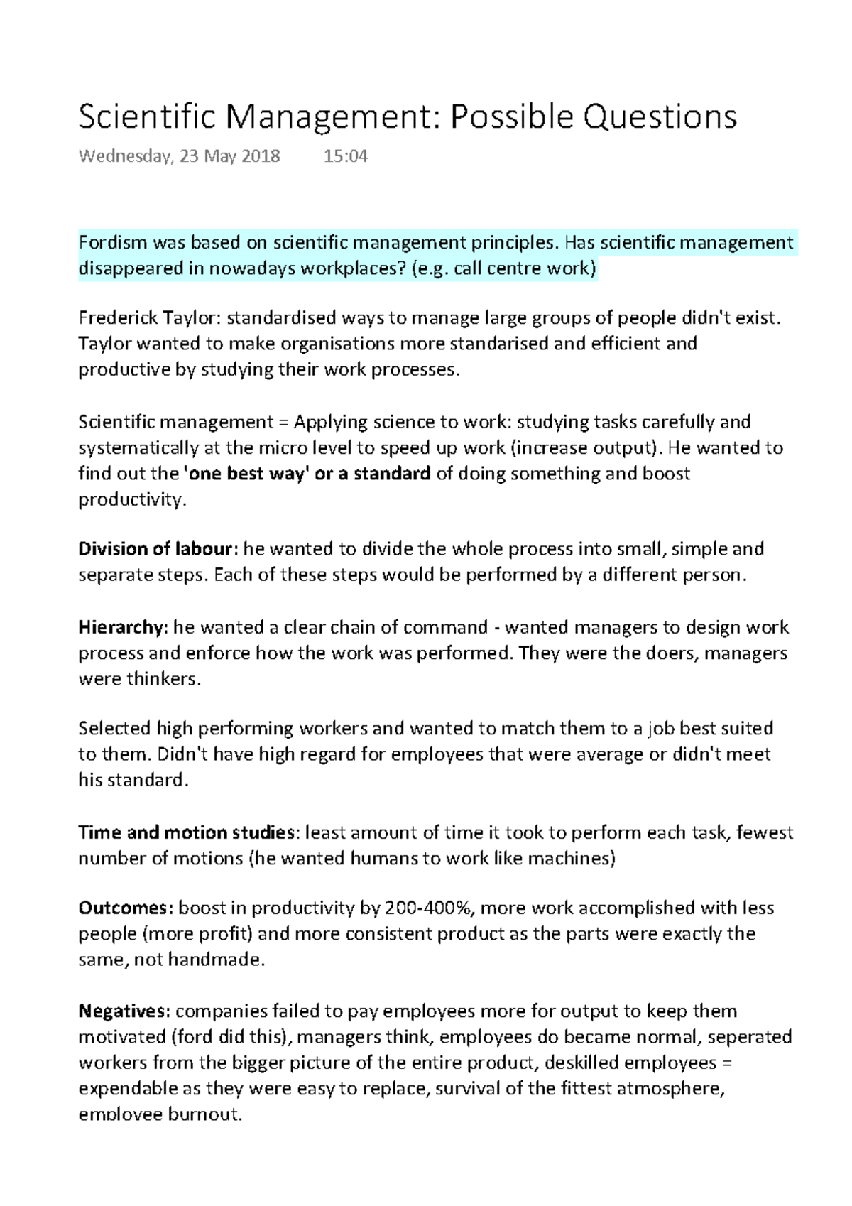 Possible exam questions - Scientific Managament - Scientific Management ...