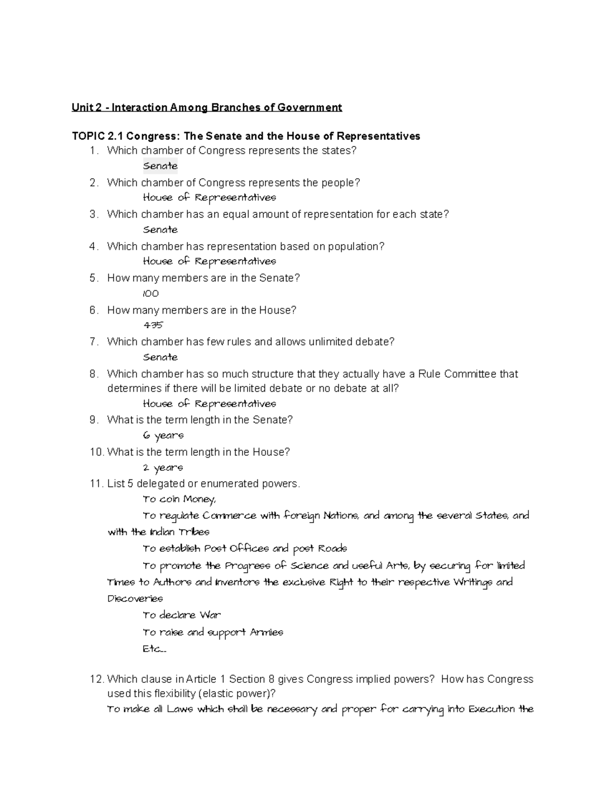 Companion Notes GOV - Unit 2 - Interaction Among Branches of Government ...