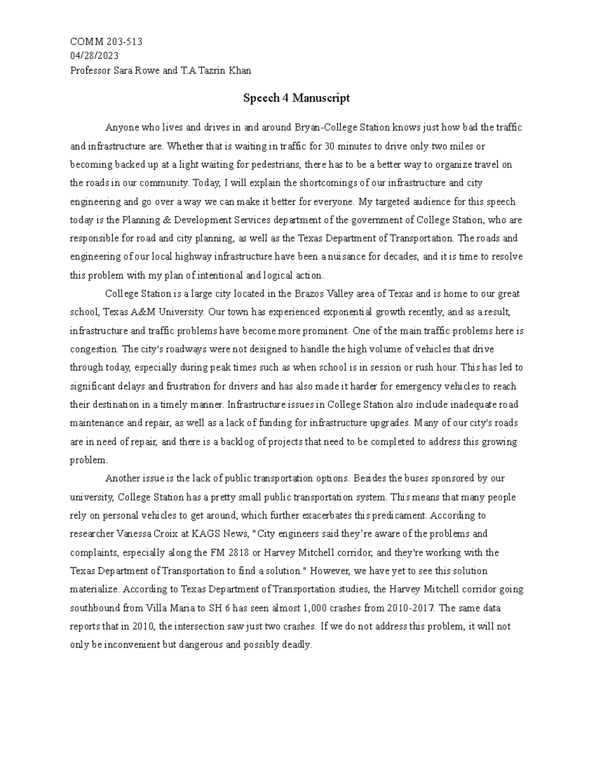 Speech 4 Manuscript - COMM 203- 04/28/ Professor Sara Rowe and T Tazrin ...