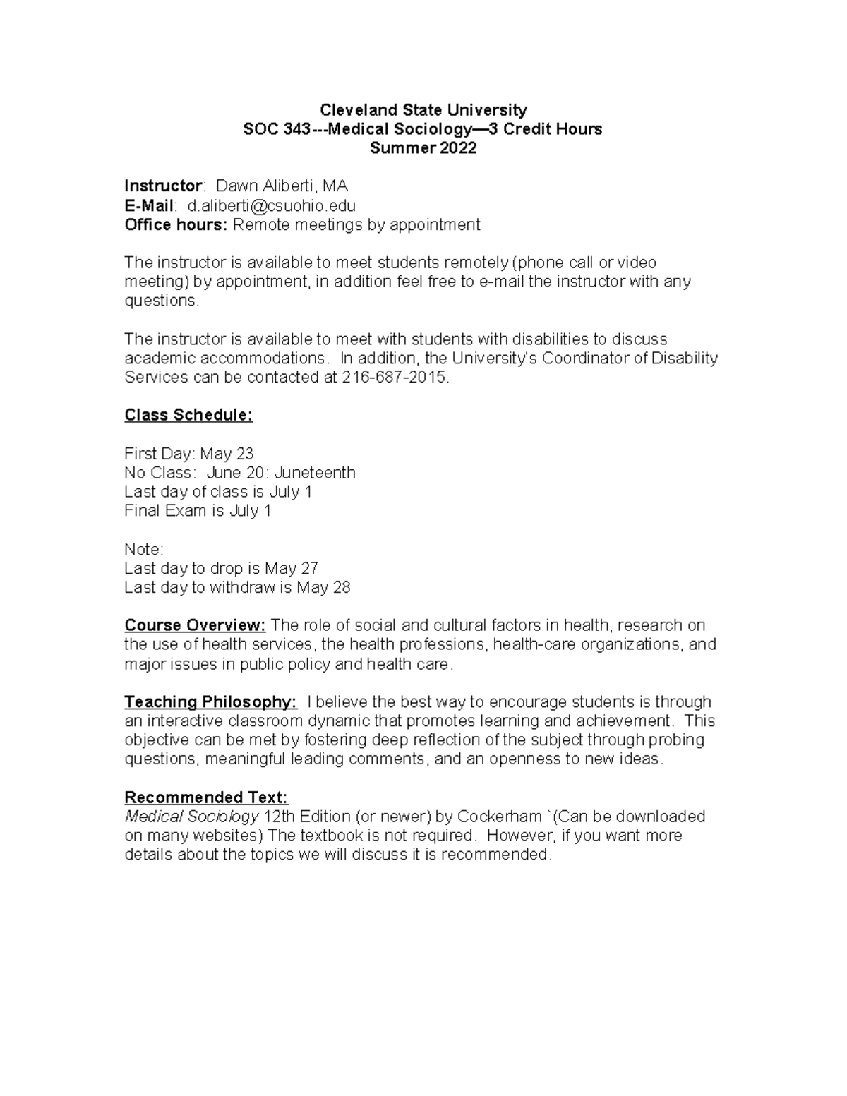 Sociology 343 Summer 2022 - Cleveland State University SOC 343-Medical ...