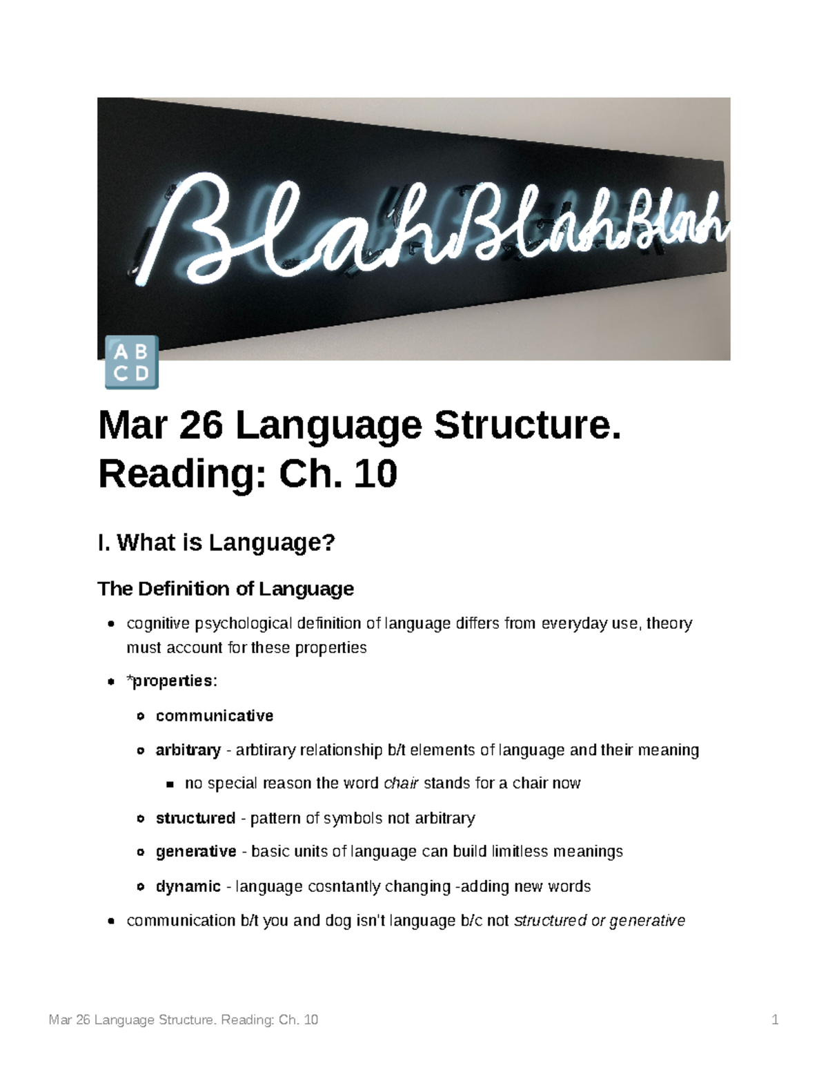 Language Structure - Reading: Ch. 10 I. What is Language? The ...