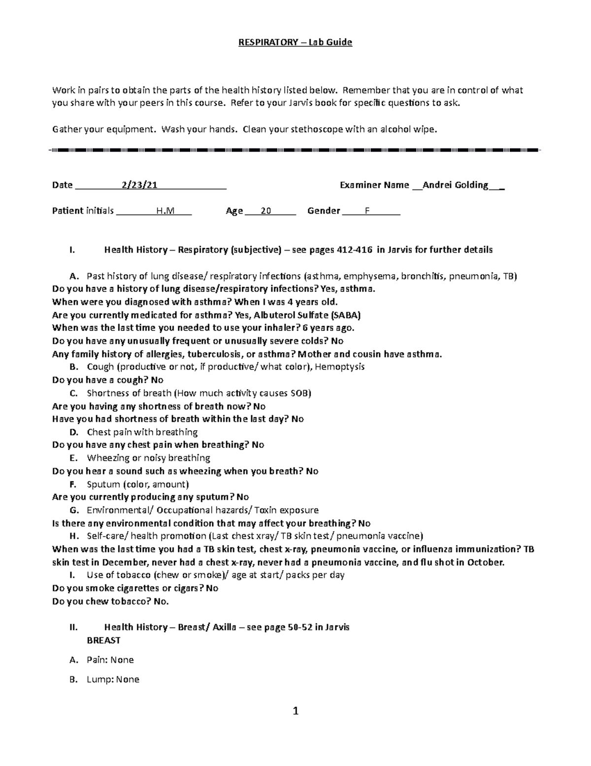 Respiratory Lab Guide - Work in pairs to obtain the parts of the health ...