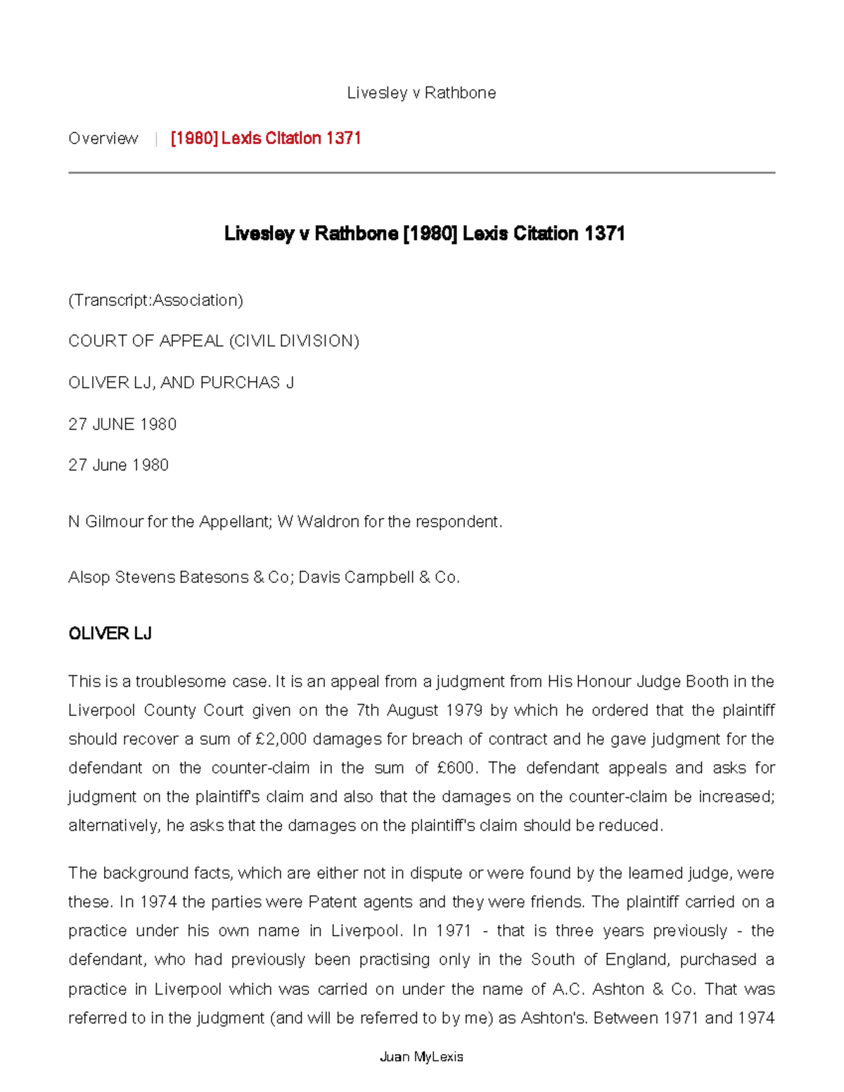 Livesley v Rathbone [1980] Lexis Citation 1371 - Juan MyLexis Livesley ...