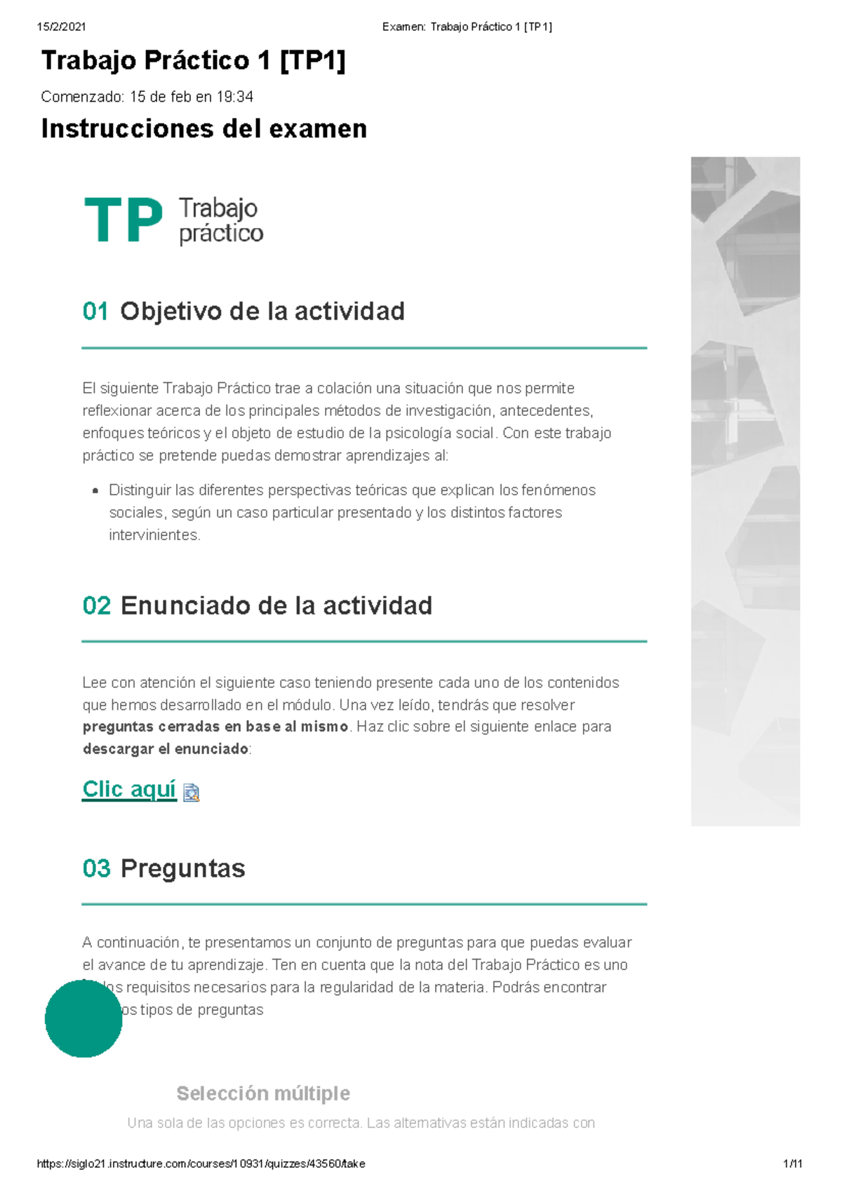 TP1-Psico Social 95% - Trabajo Práctico 1 [TP1] Comenzado: 15 de feb en 19: Instrucciones del ...